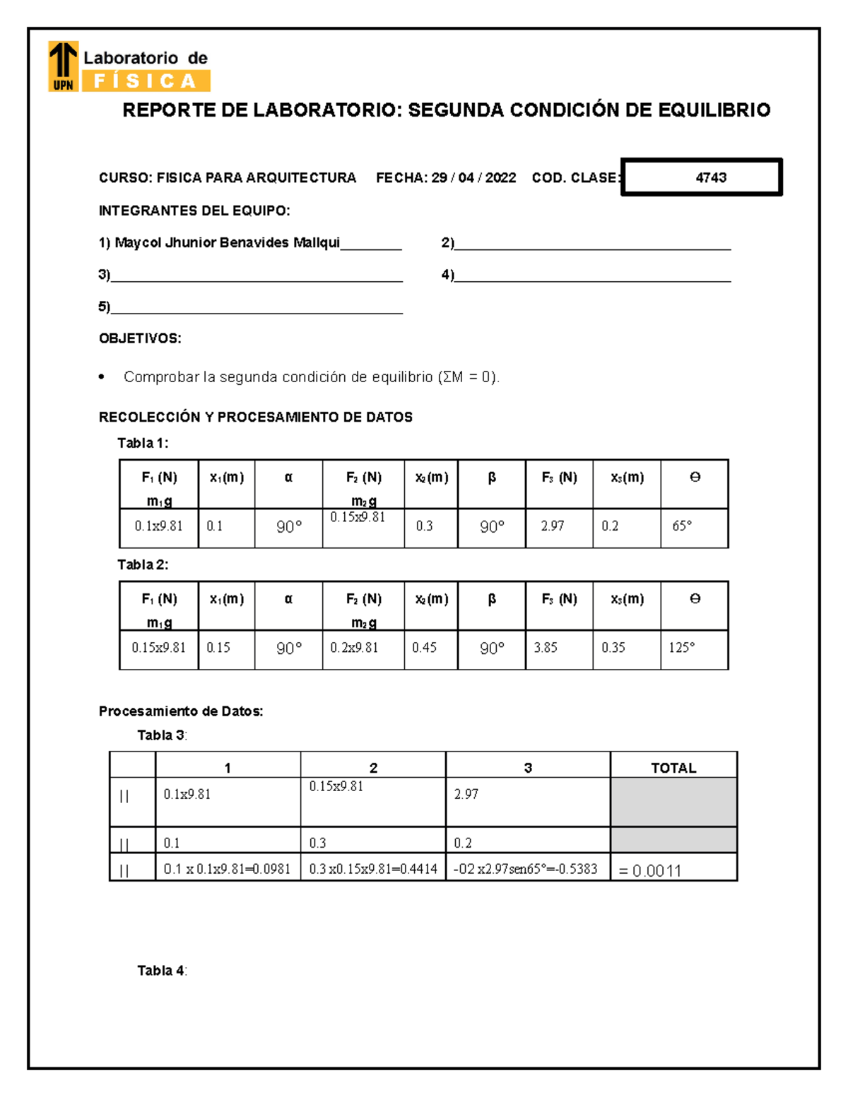 S6 Virtual Reporte Segunda Condicion Equilibrio Grupo 4 - REPORTE DE LABORATORIO: SEGUNDA ...