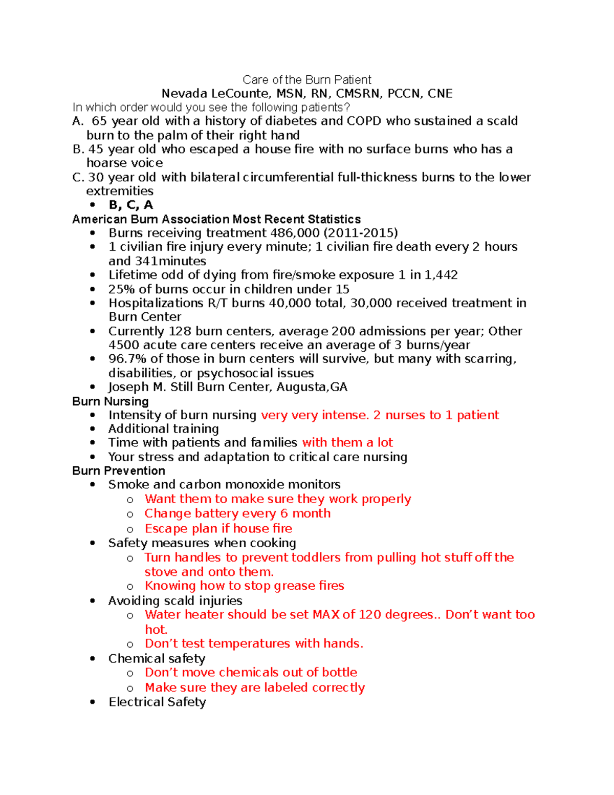 Care of the Burn Patient outline notes - Care of the Burn Patient ...