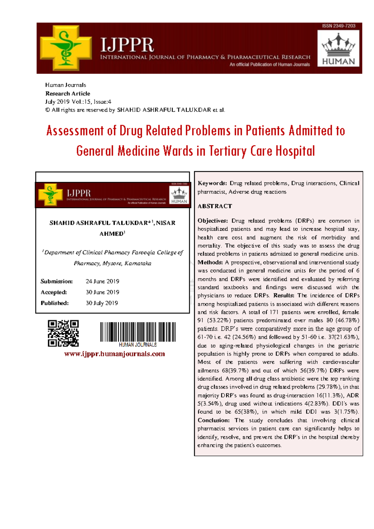 ASSESEMENT OF DRUG RELATED PROBLEM - Human Journals Research Article ...