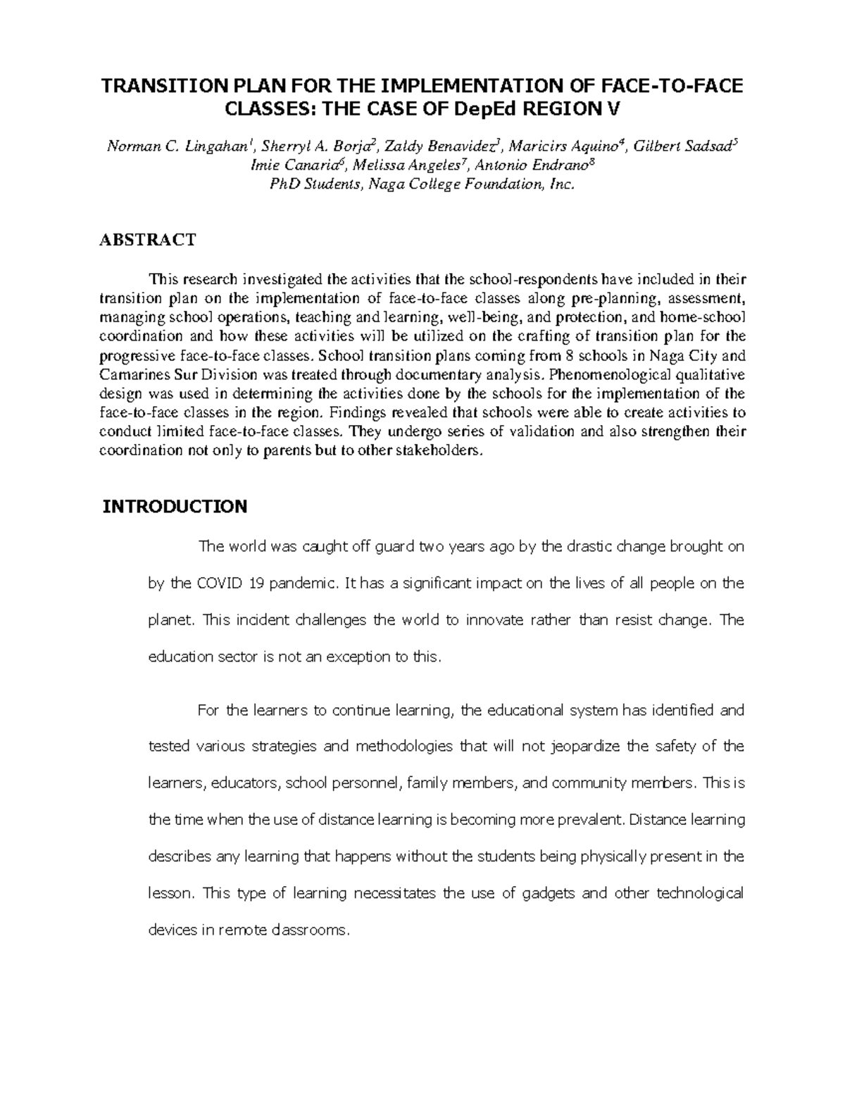 Deped Transition PLAN Research - TRANSITION PLAN FOR THE IMPLEMENTATION ...