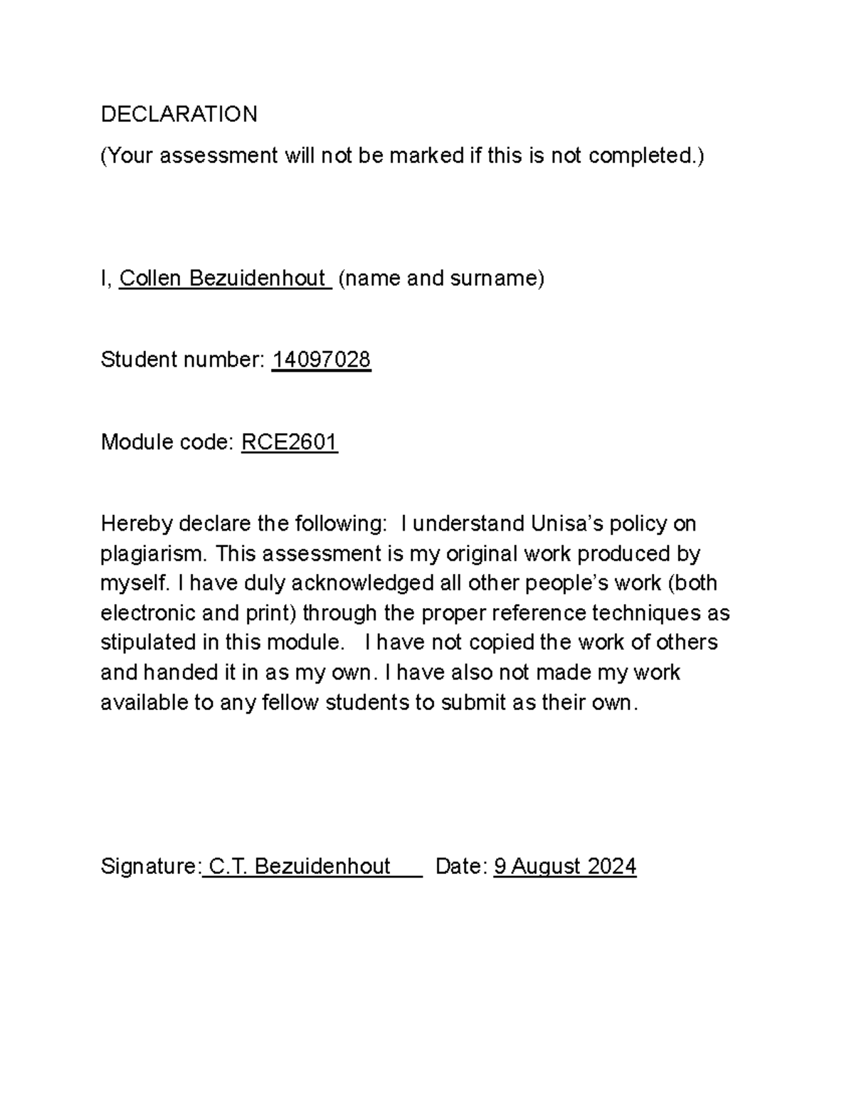 RCE2601 Assignment 2 - DECLARATION (Your assessment will not be marked ...