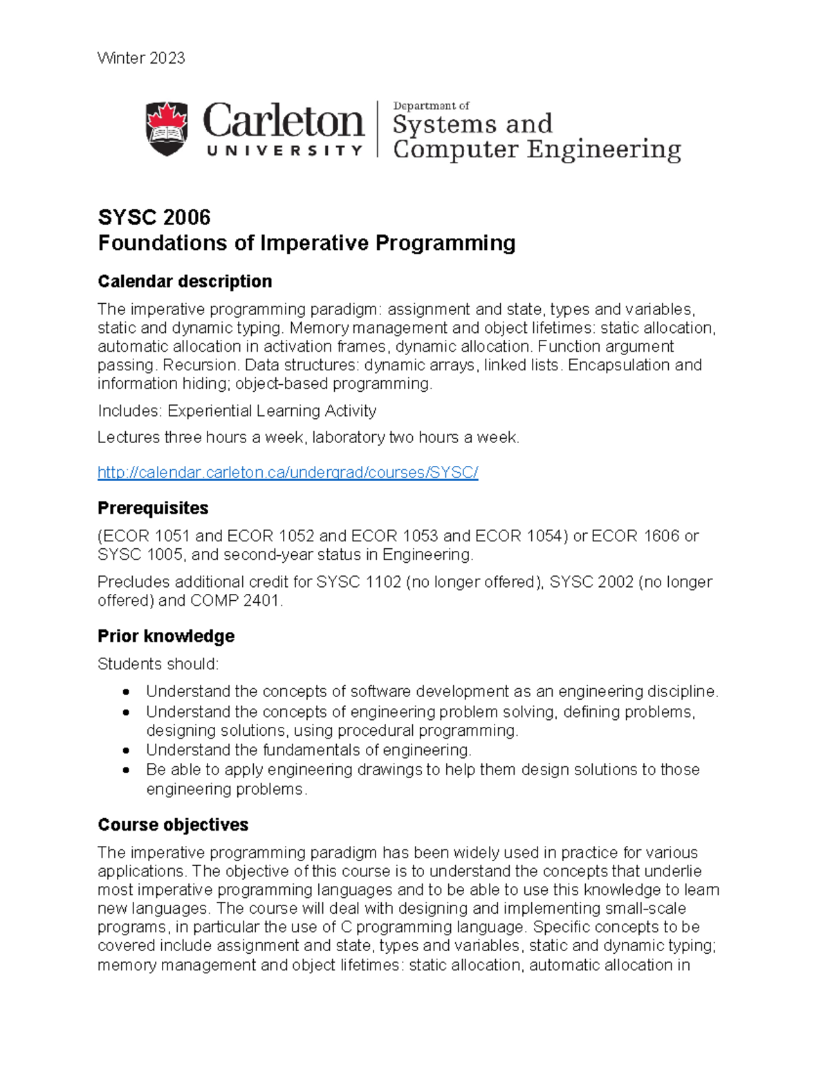 SYSC2006 Course Description 2023 - SYSC 2006 Foundations of Imperative Programming Calendar ...