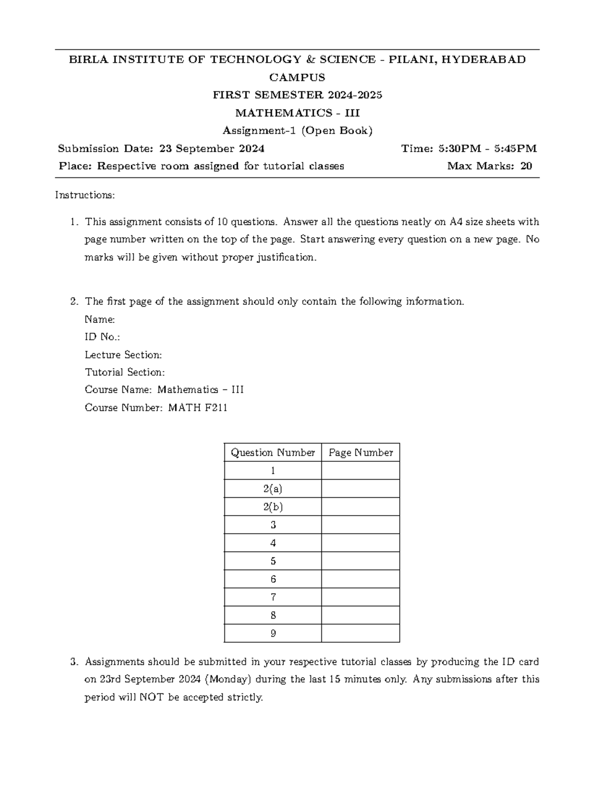 MATH-III Assignment-1 - BIRLA INSTITUTE OF TECHNOLOGY & SCIENCE - PILANI, HYDERABAD CAMPUS FIRST ...