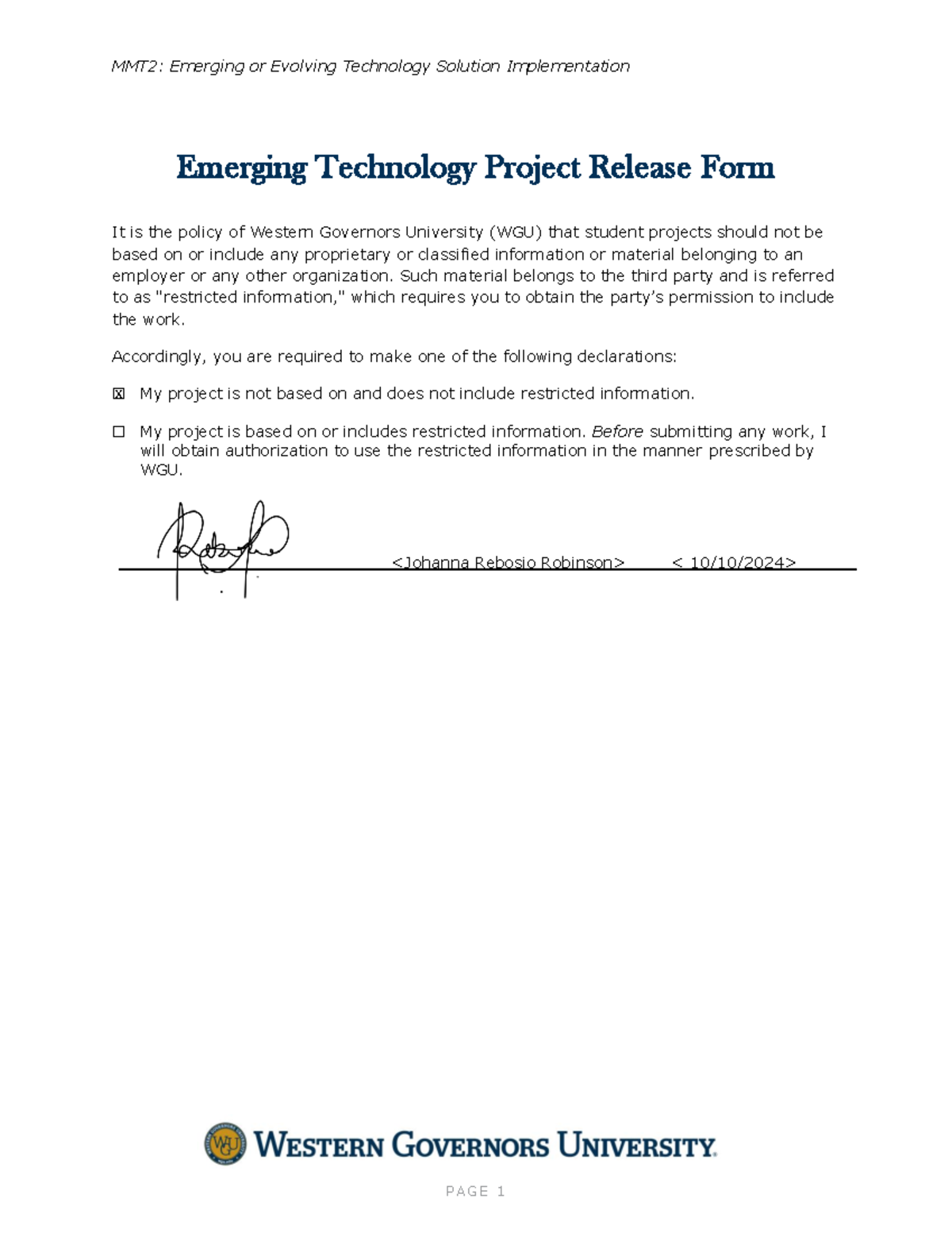JRRobinson-102324-Form2 - MMT2: Emerging or Evolving Technology Solution Implementation P A G E ...