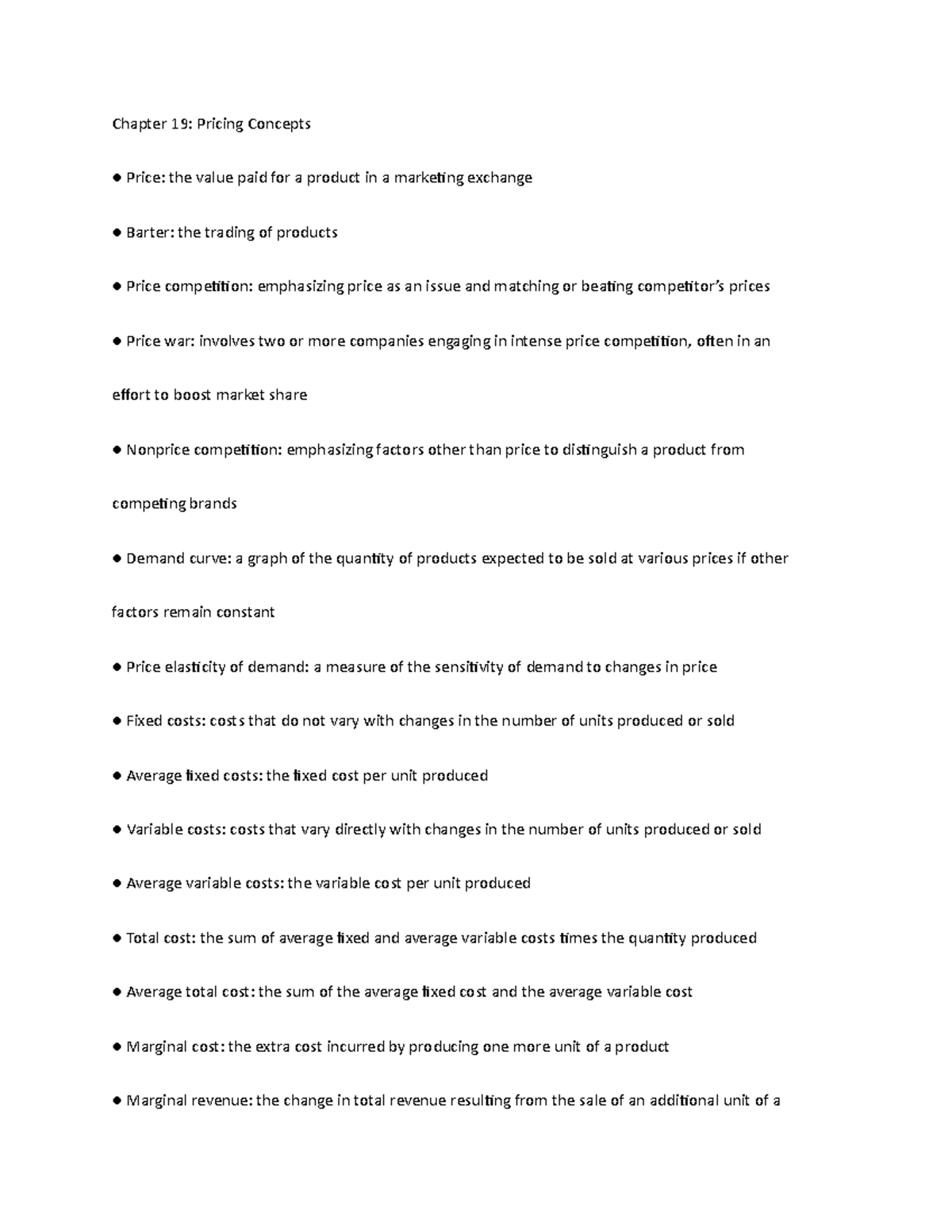 Chapter 19 - Pricing Concepts - Chapter 19: Pricing Concepts Price: the ...