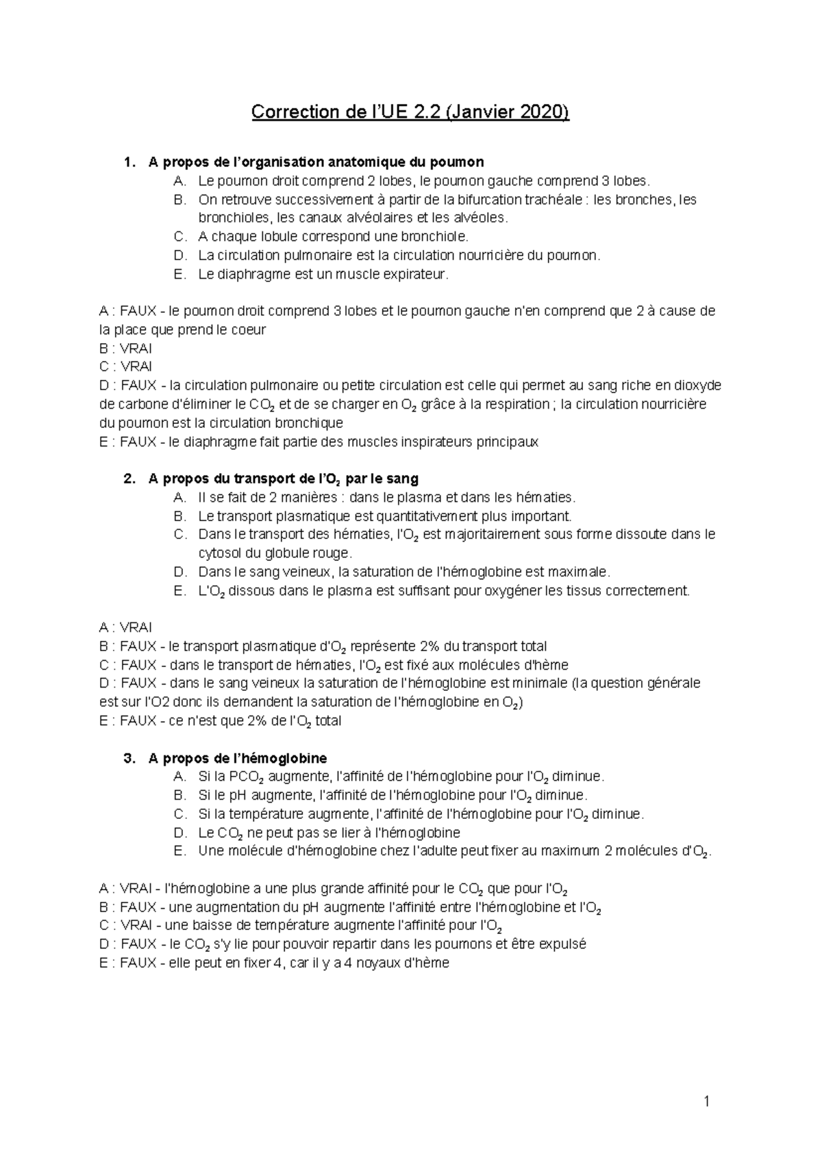 2.2 qcm - qcm janvier 2020 corriger - Correction de l’UE 2 (Janvier 2020) A propos de l ...