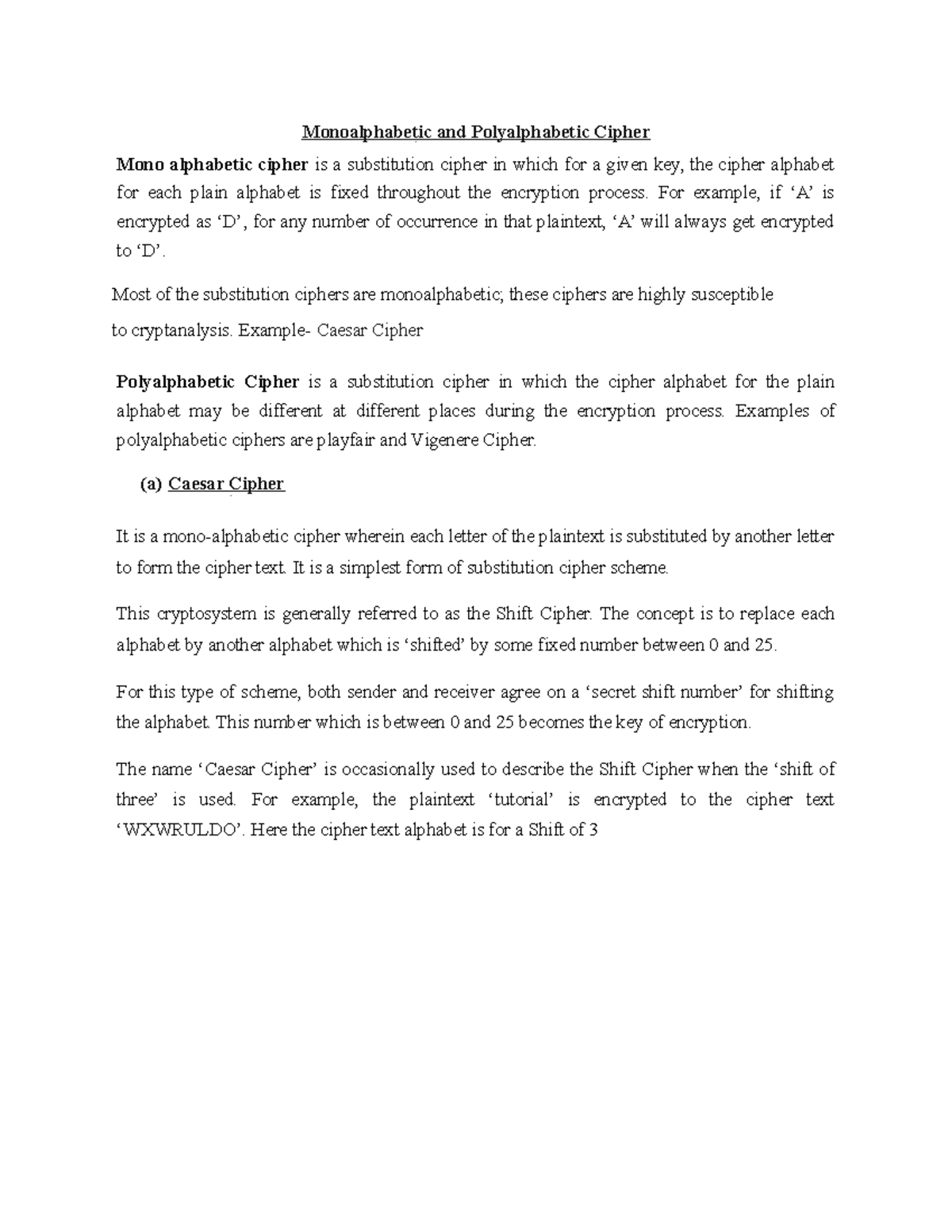 Monoalphabetic and Polyalphabetic Cipher - For example, if ‘A’ is ...