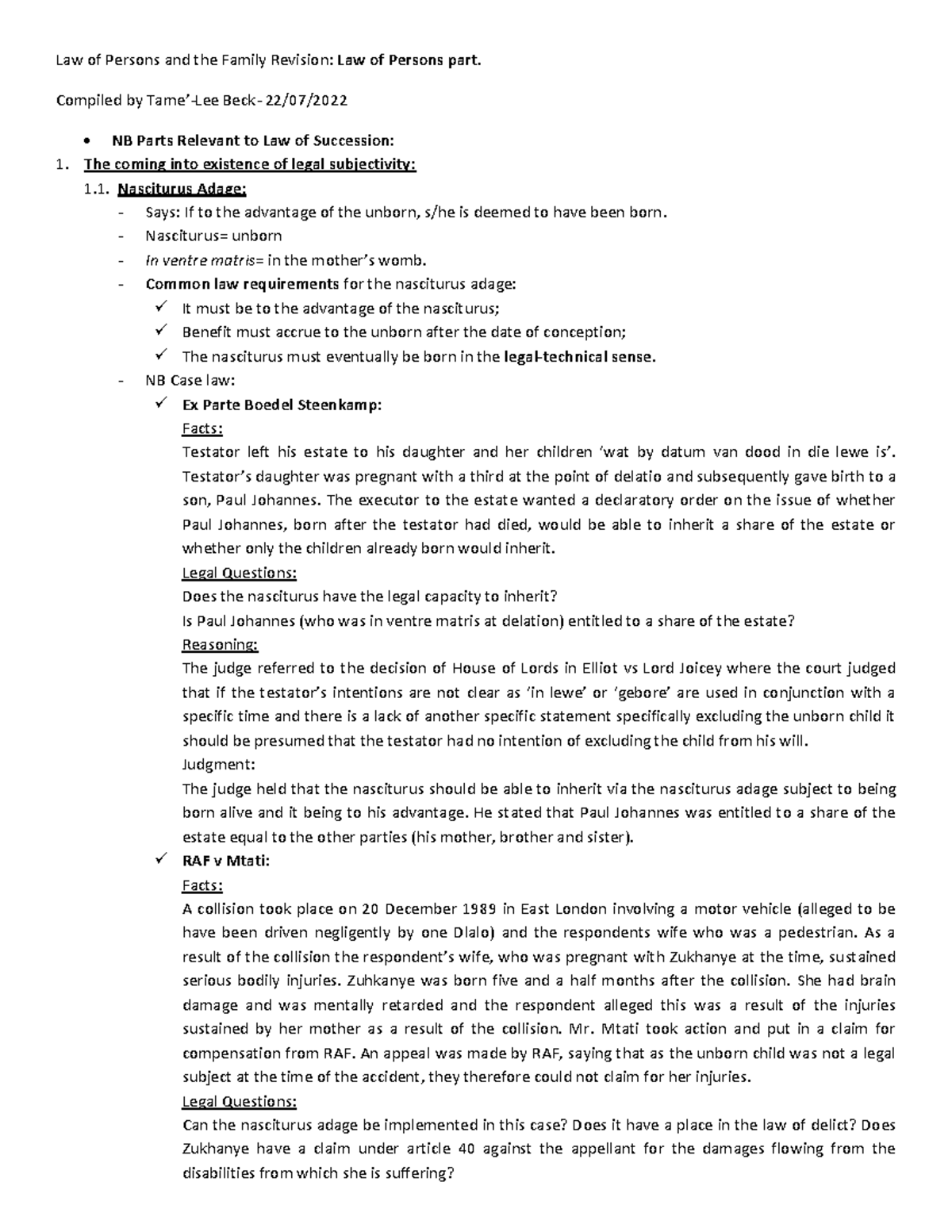 Law of Persons and the Family Revision- Law of Persons Part - Compiled ...