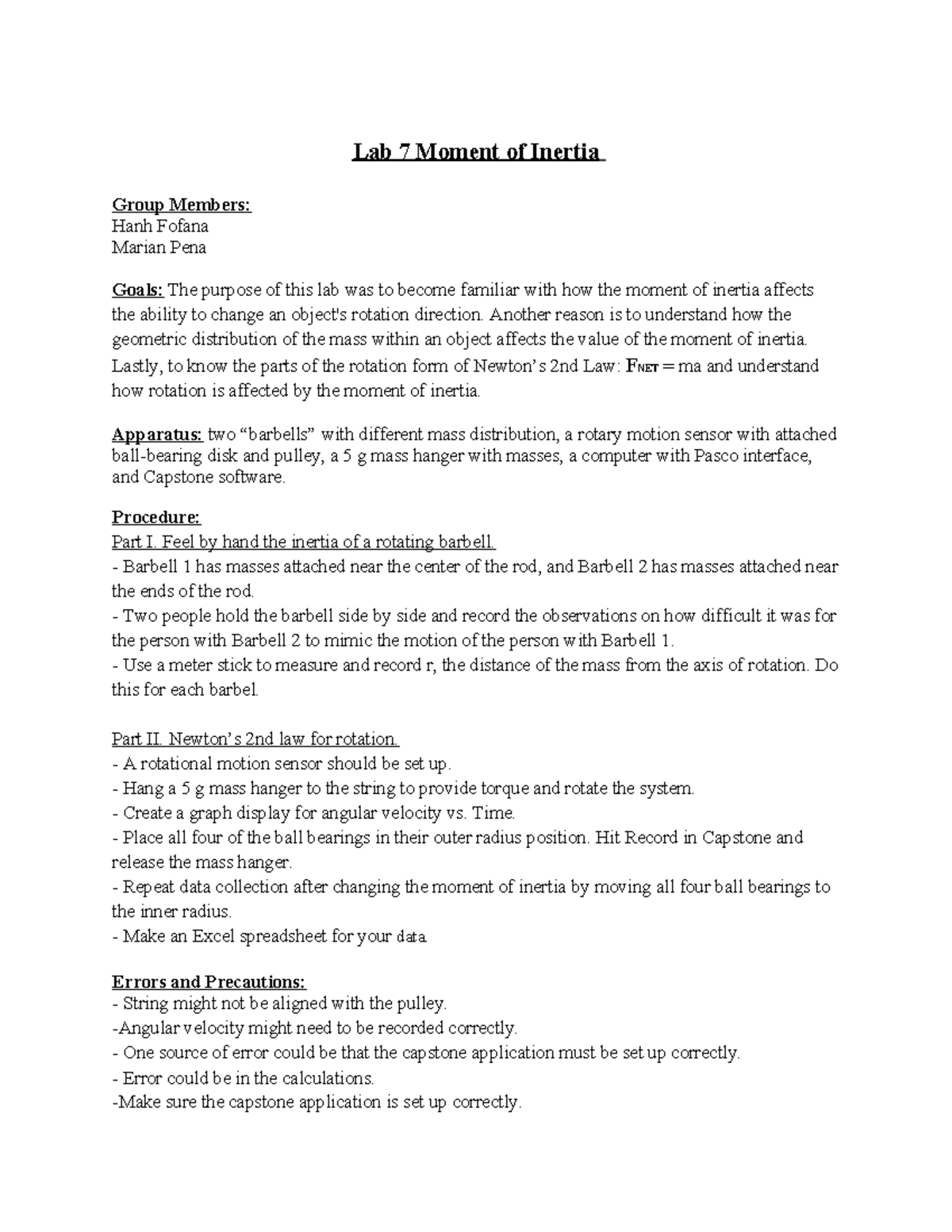 Lab 7 Moment of inertia - Lab 7 - Lab 7 Moment of Inertia Group Members ...