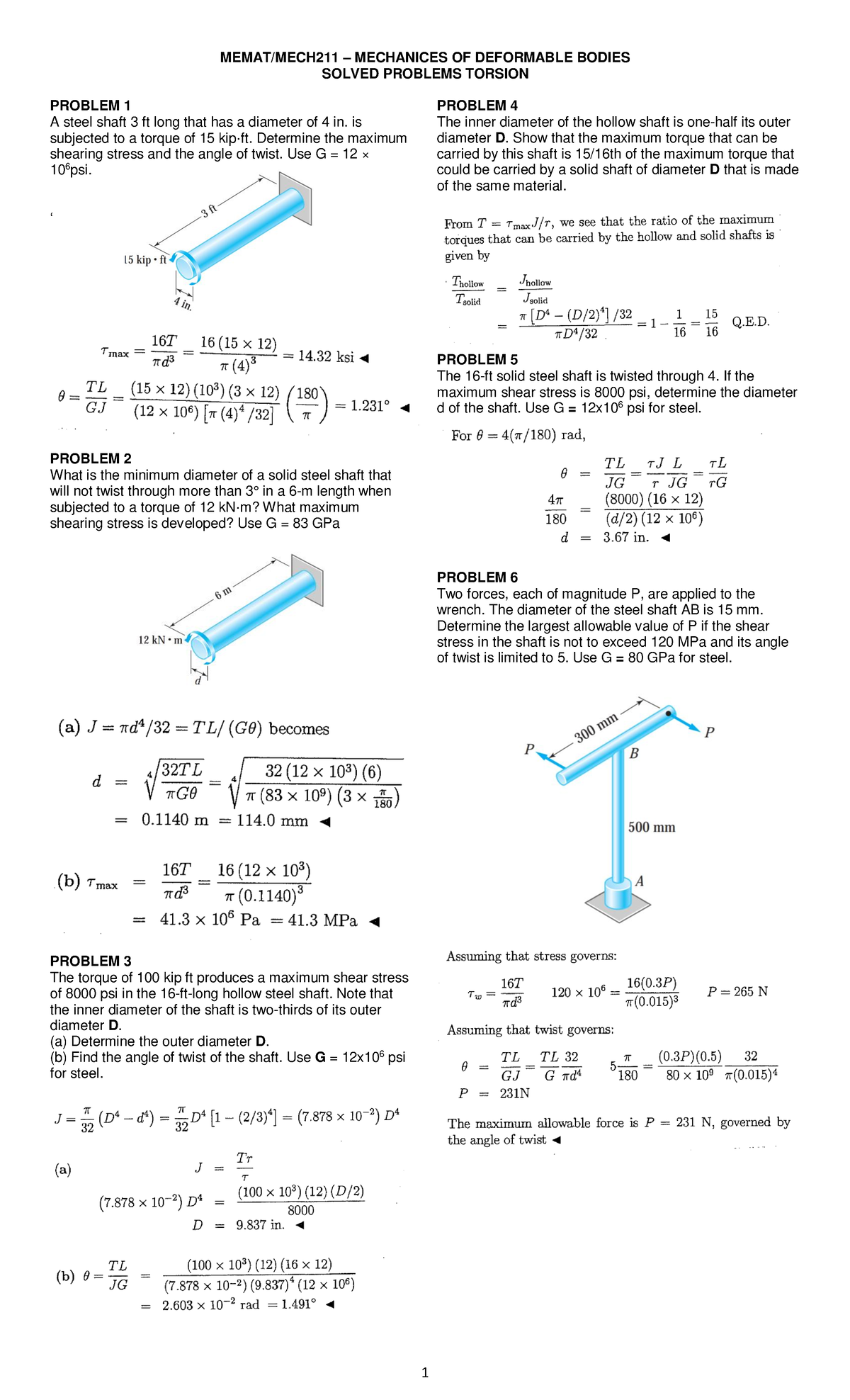 Ilide - MEMAT/MECH211 – MECHANICES OF DEFORMABLE BODIES SOLVED PROBLEMS TORSION PROBLEM 1 A ...