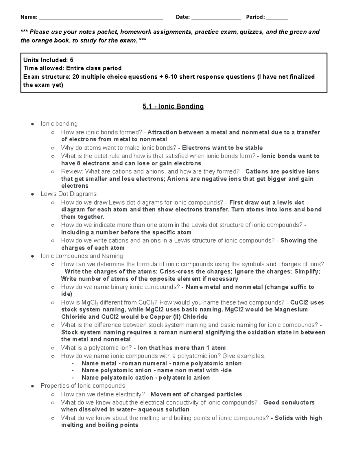 Exam 3 study guide - Unit 5 (Ionic, Metallic, and Covalent Bonding ...