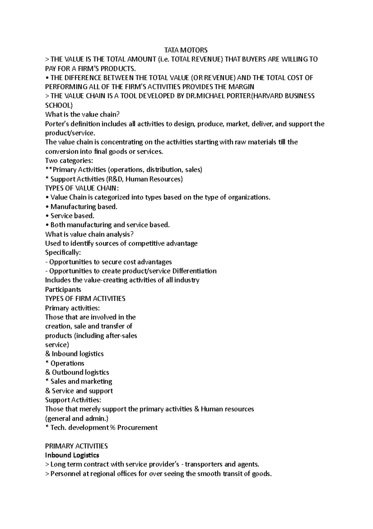 TATA Motors value chain assignment - TATA MOTORS THE VALUE IS THE TOTAL ...