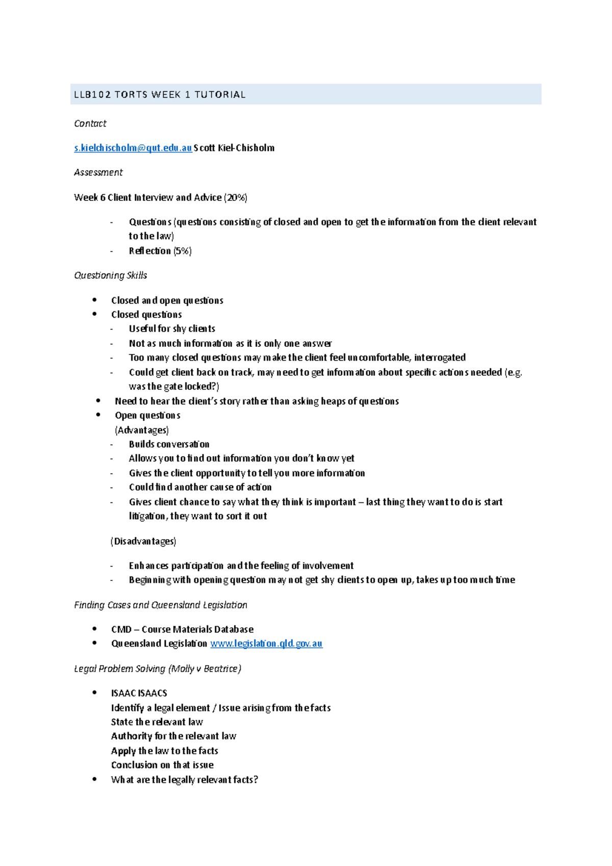 LLB102 W1 Tutorial - tute notes - LLB102 TORTS WEEK 1 TUTORIAL Contact ...