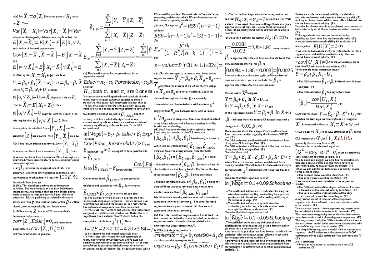 AE Cheat Sheet - Answers - 2(a) Let ^Xi =g (Zi ) be some guess of Xi ...
