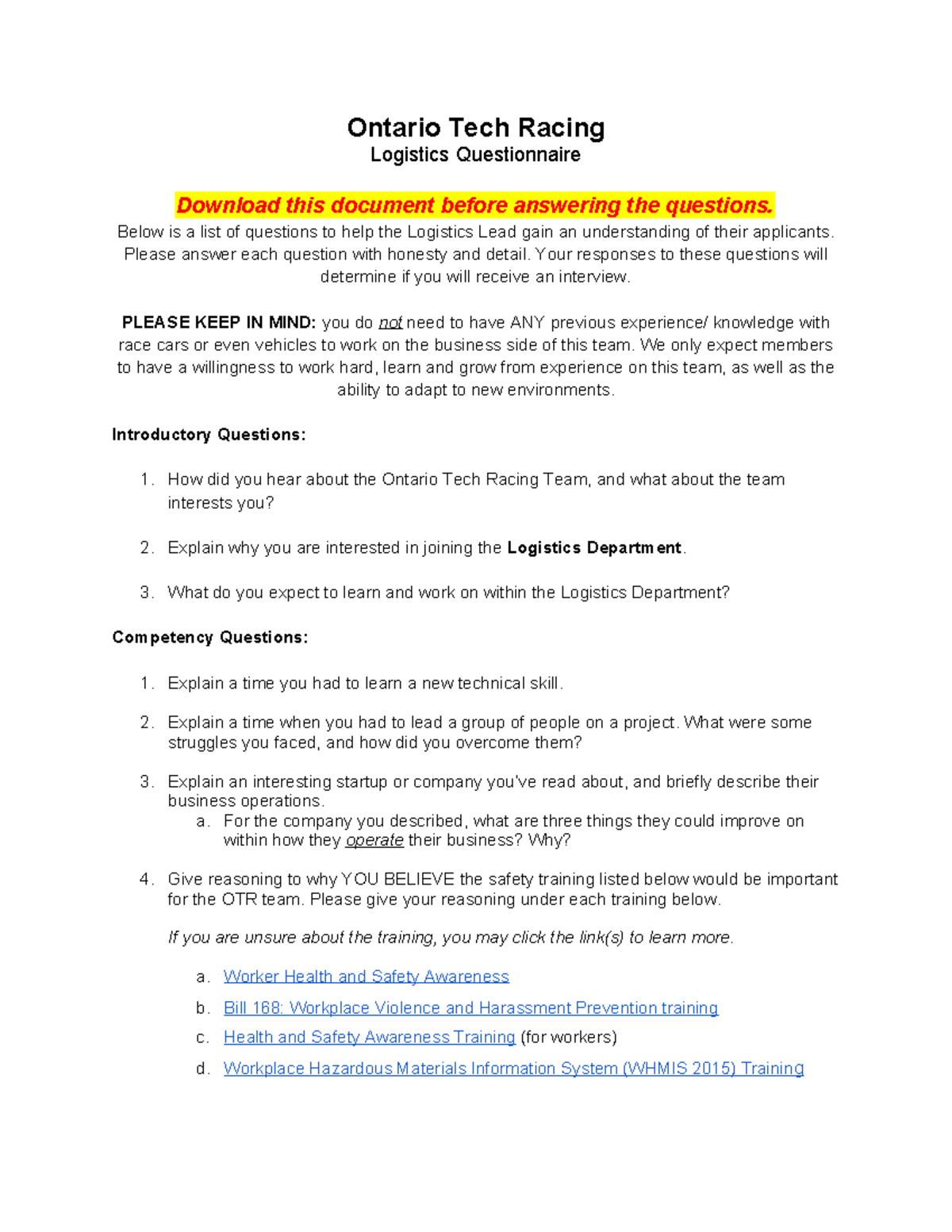 Logistics Questionnaire - Ontario Tech Racing Logistics Questionnaire ...