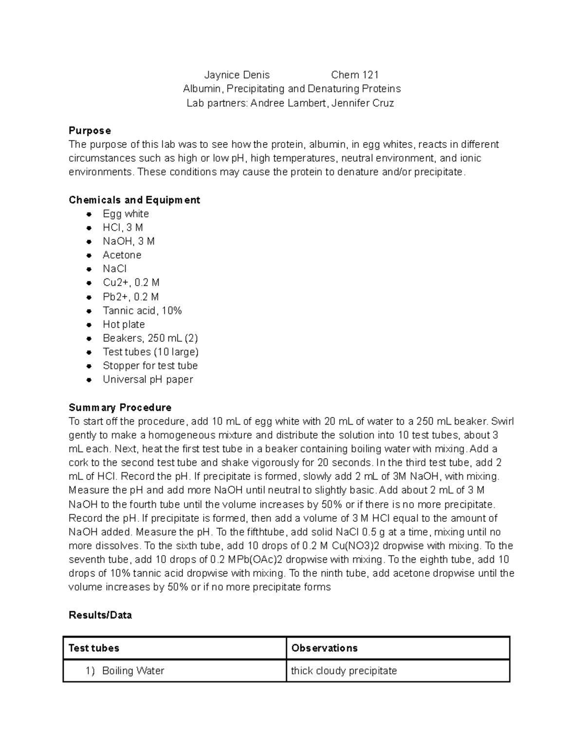Lab Report 12 - Jaynice Denis Chem 121 Albumin, Precipitating and ...