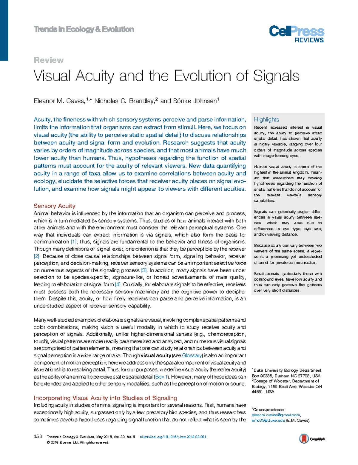 1-s2 - Review Visual Acuity and the Evolution of Signals Eleanor M ...