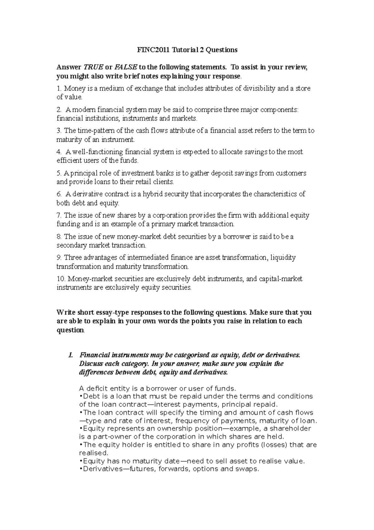 FINC2011 Tutorial 2 questions + my answers - FINC2011 Tutorial 2 ...