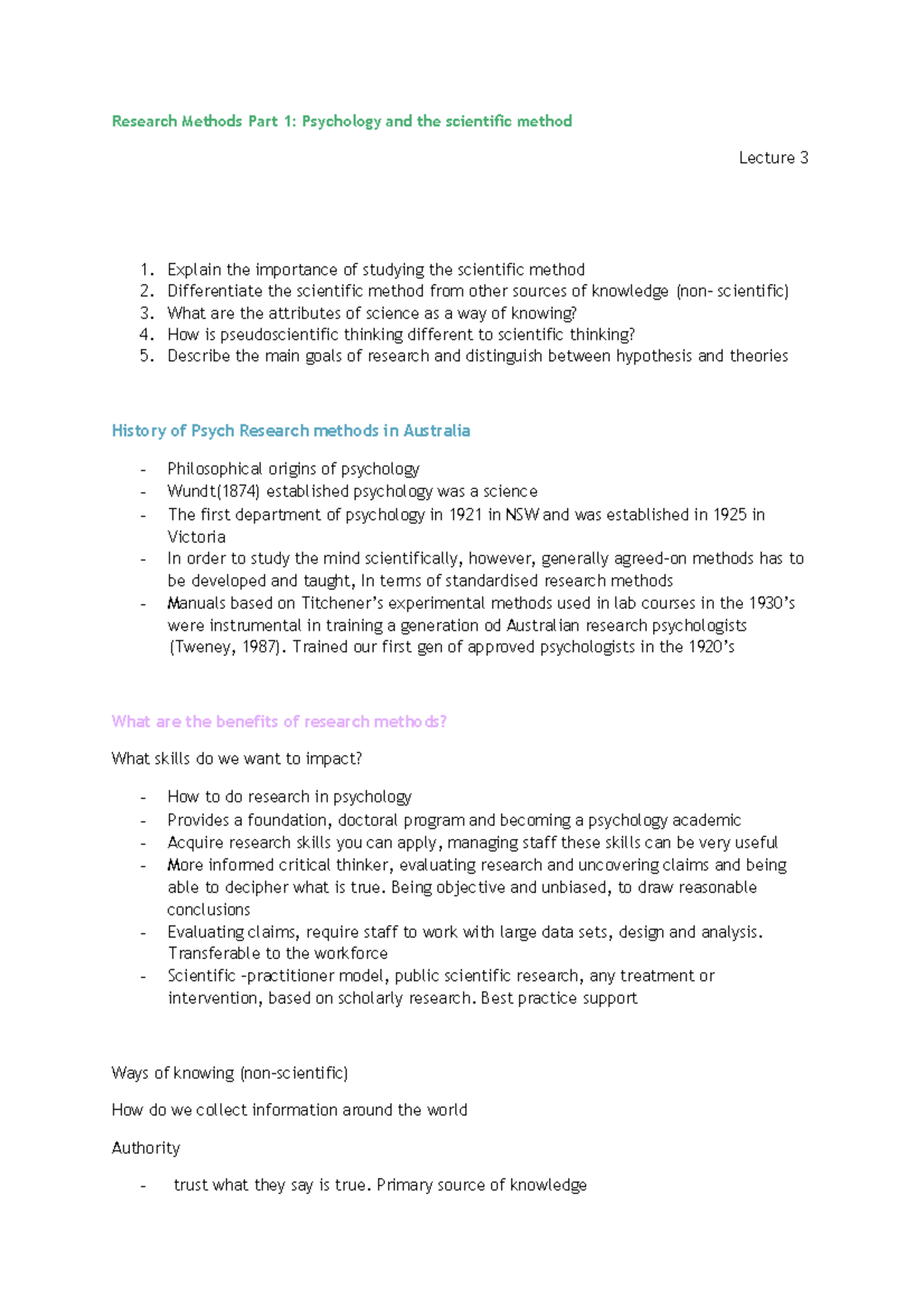 Research Methods Part 1 - LEC 3 - Research Methods Part 1: Psychology ...