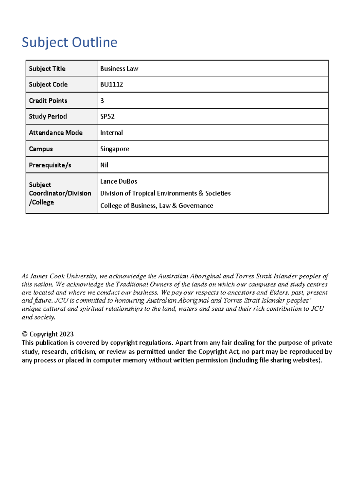 23 BU1112 SIN SP52 INT - Subject Outline - Subject Outline Subject ...