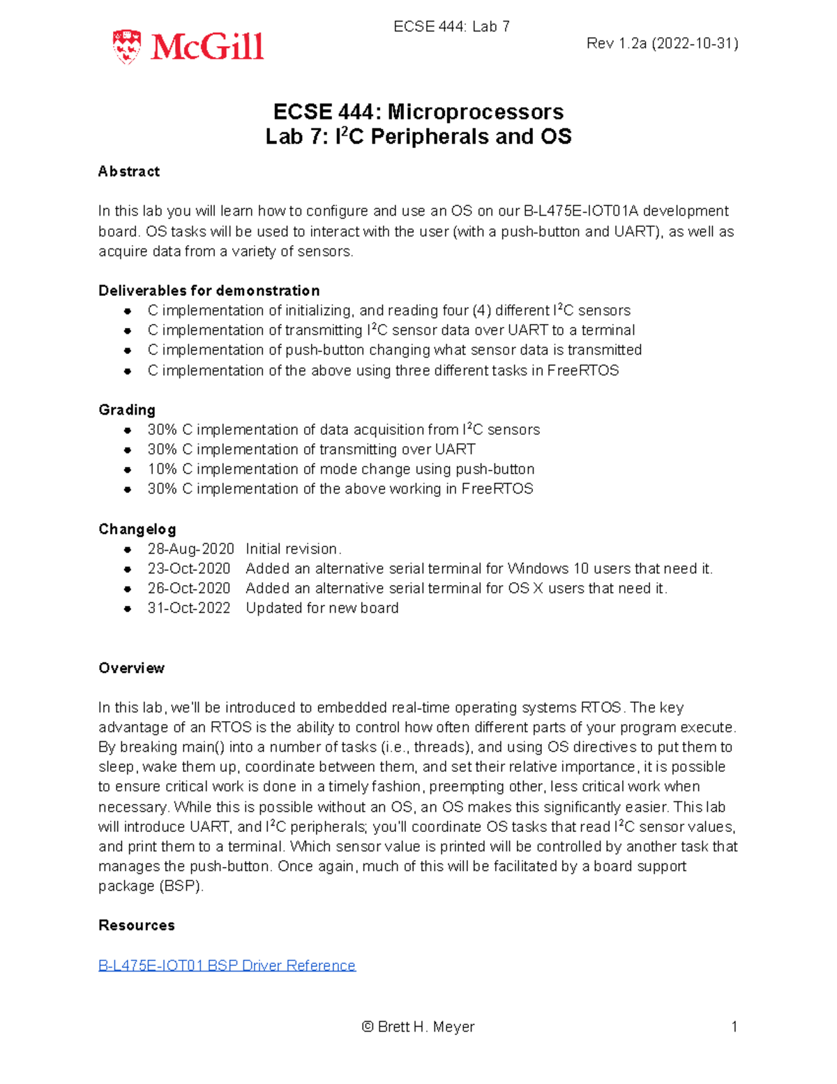 ECSE 444 Lab 7 I2C and OS - Lab instructions - Rev 1 (2022-10-31) ECSE 444: Microprocessors Lab ...