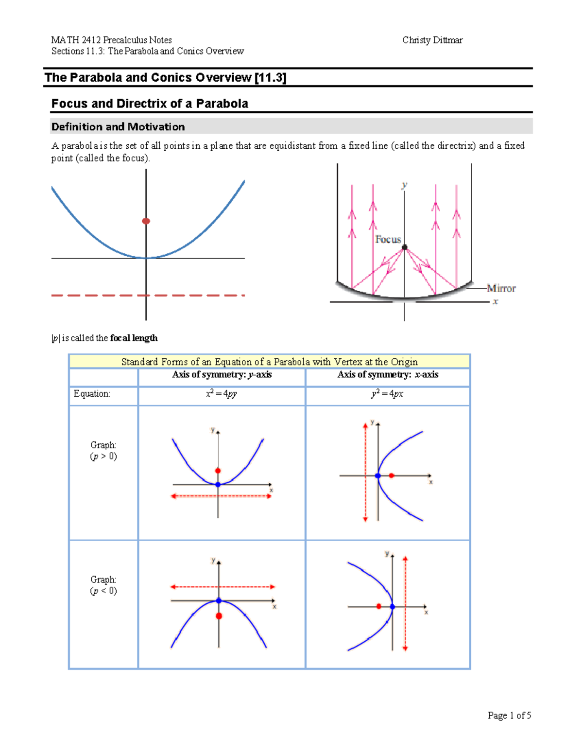Notes 11-3 The Parabola - Sections 11: The Parabola and Conics Overview ...