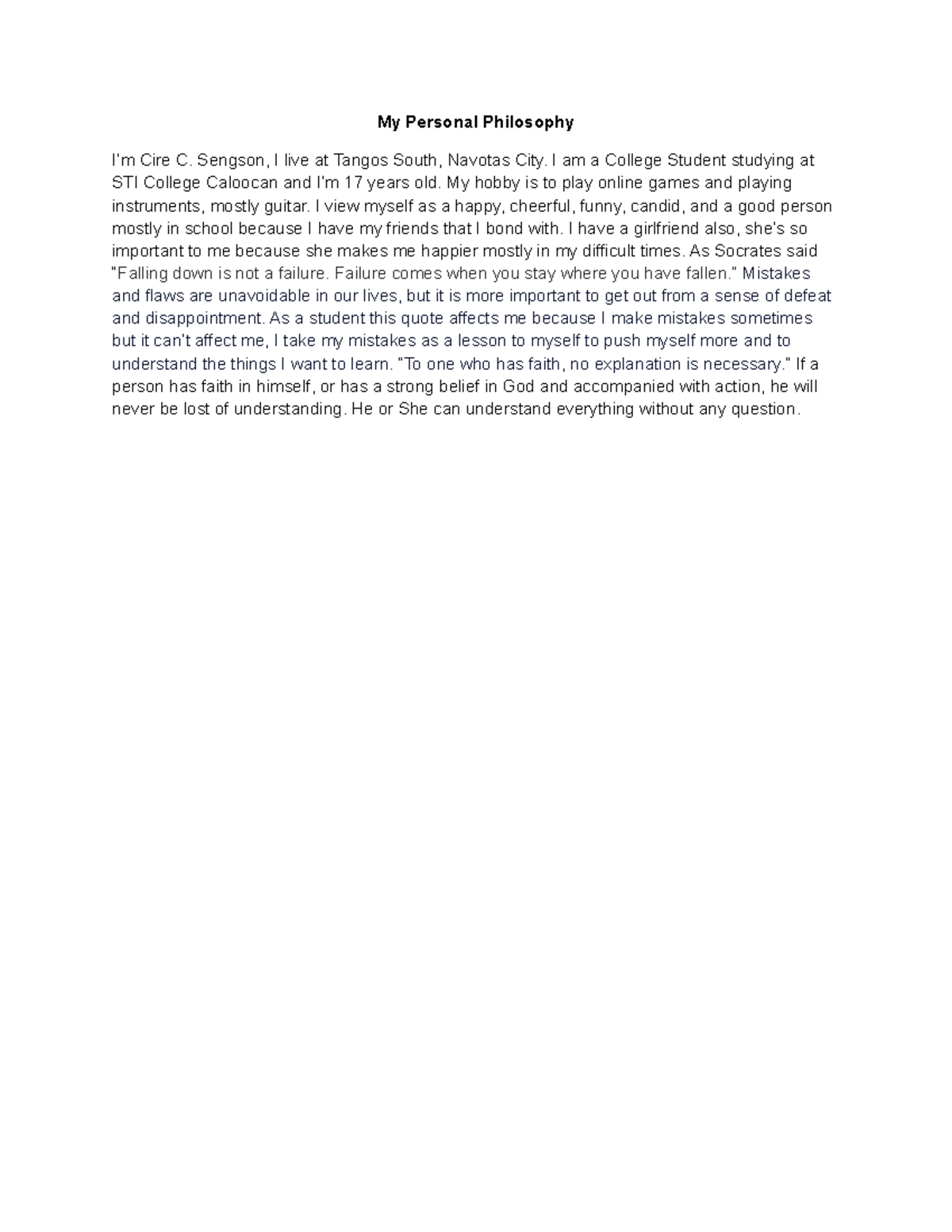 Understanding the self (work sheet 3) - My Personal Philosophy I’m Cire ...