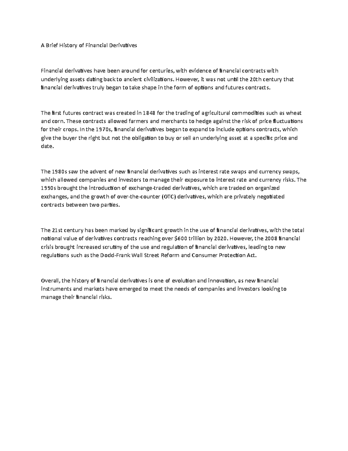 A Brief History of Financial Derivatives - A Brief History of Financial ...