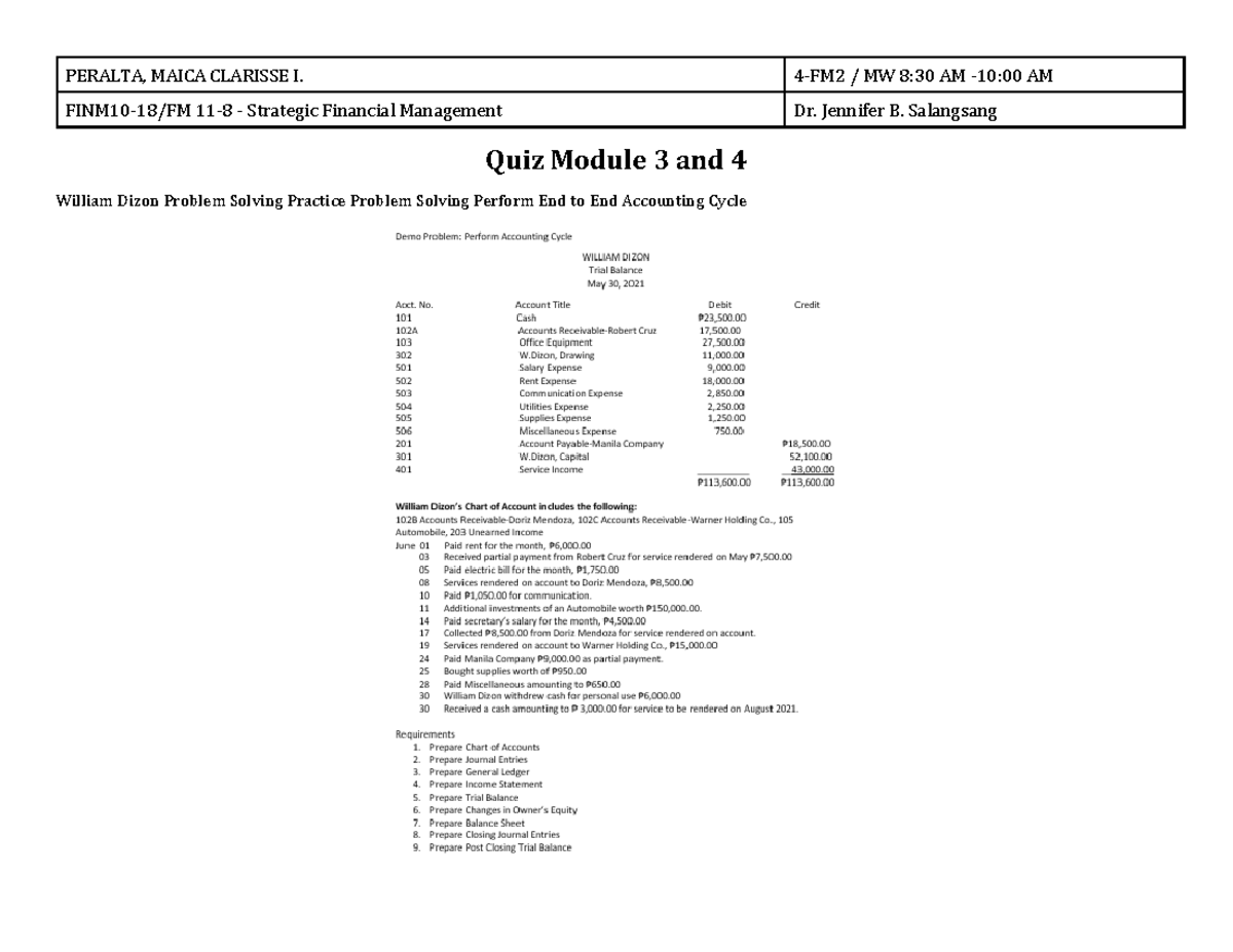 Module 3 and 4 Quiz - ASSIGNMENT - PERALTA, MAICA CLARISSE I. 4-FM2 ...