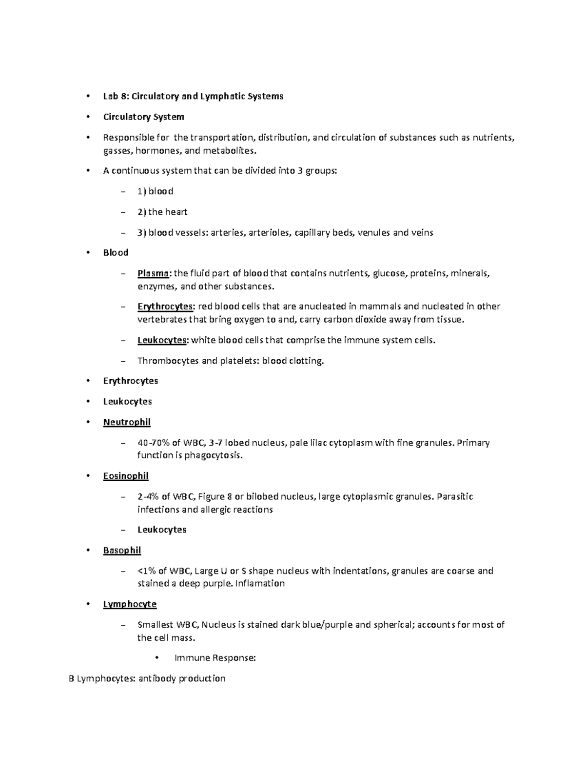 Lab 8 - Biodiversity - Lab 8: Circulatory and Lymphatic Systems Circulatory System Responsible ...
