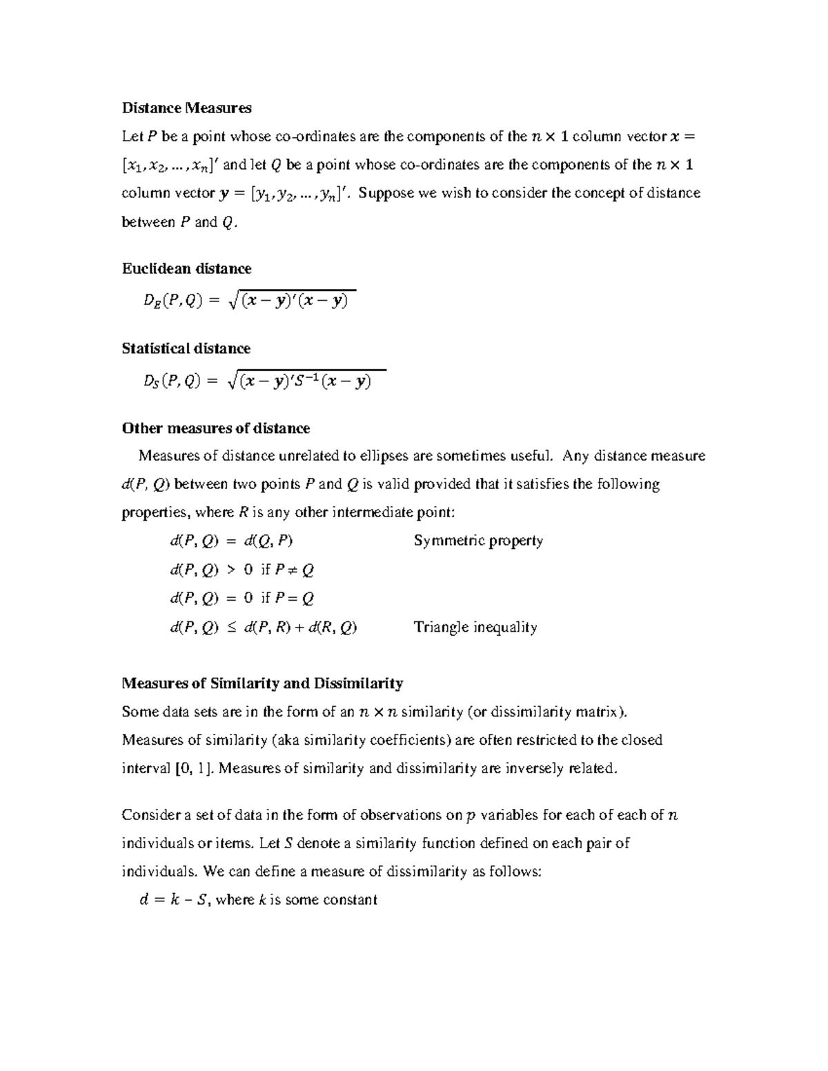 Distance, Similarity and Dissimilarity Measures - Distance Measures Let ...