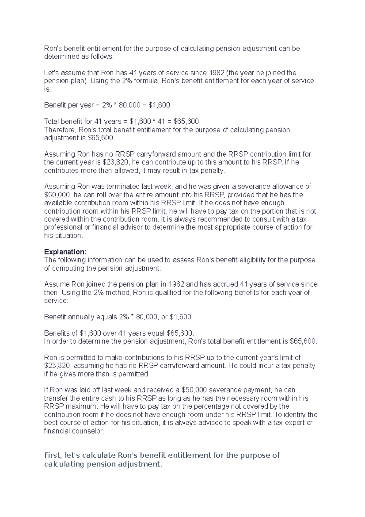 Retirement planning - all the assignments - Ron's benefit entitlement ...