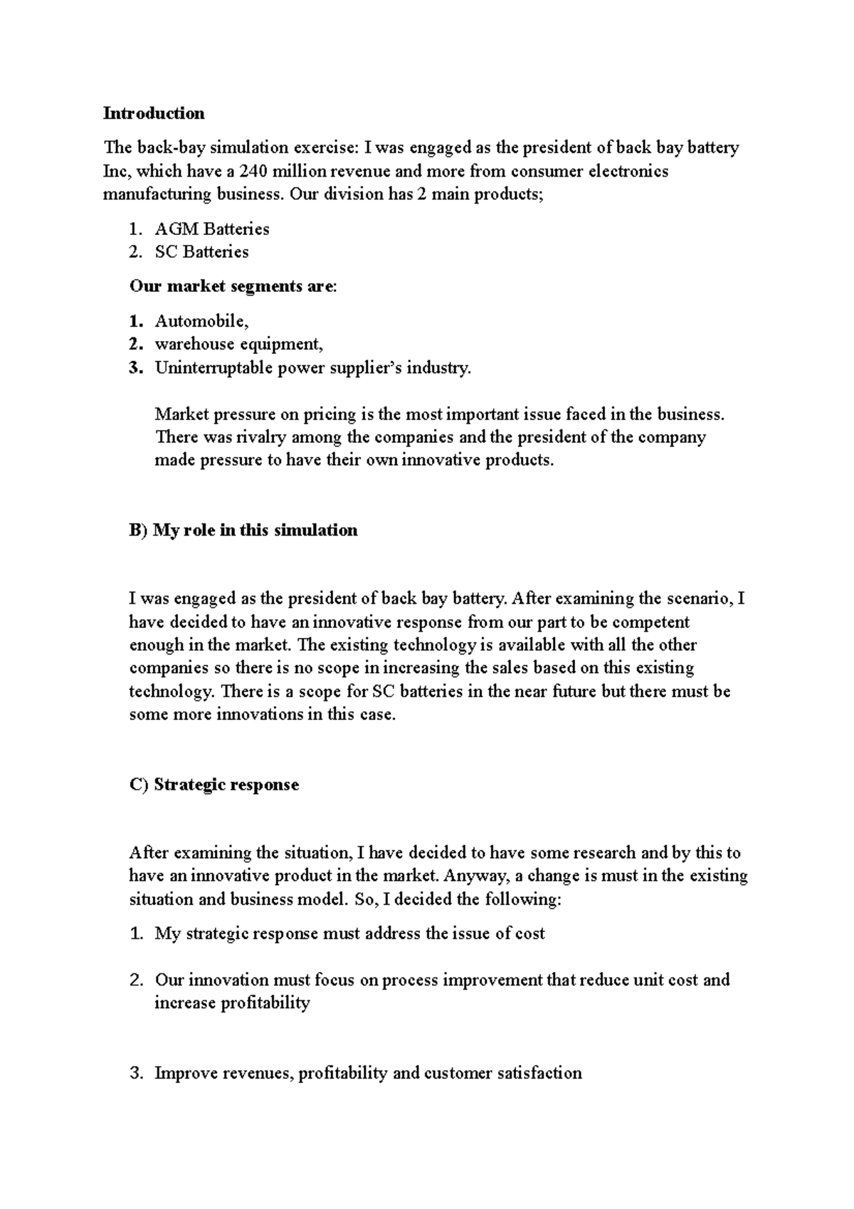 TIF - mba - Introduction The back-bay simulation exercise: I was ...