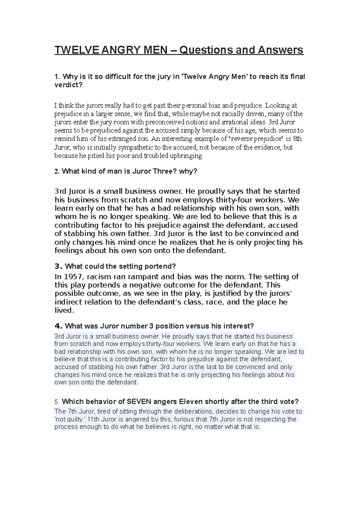 12 Angry Men questions plus answers - TWELVE ANGRY MEN – Questions and ...