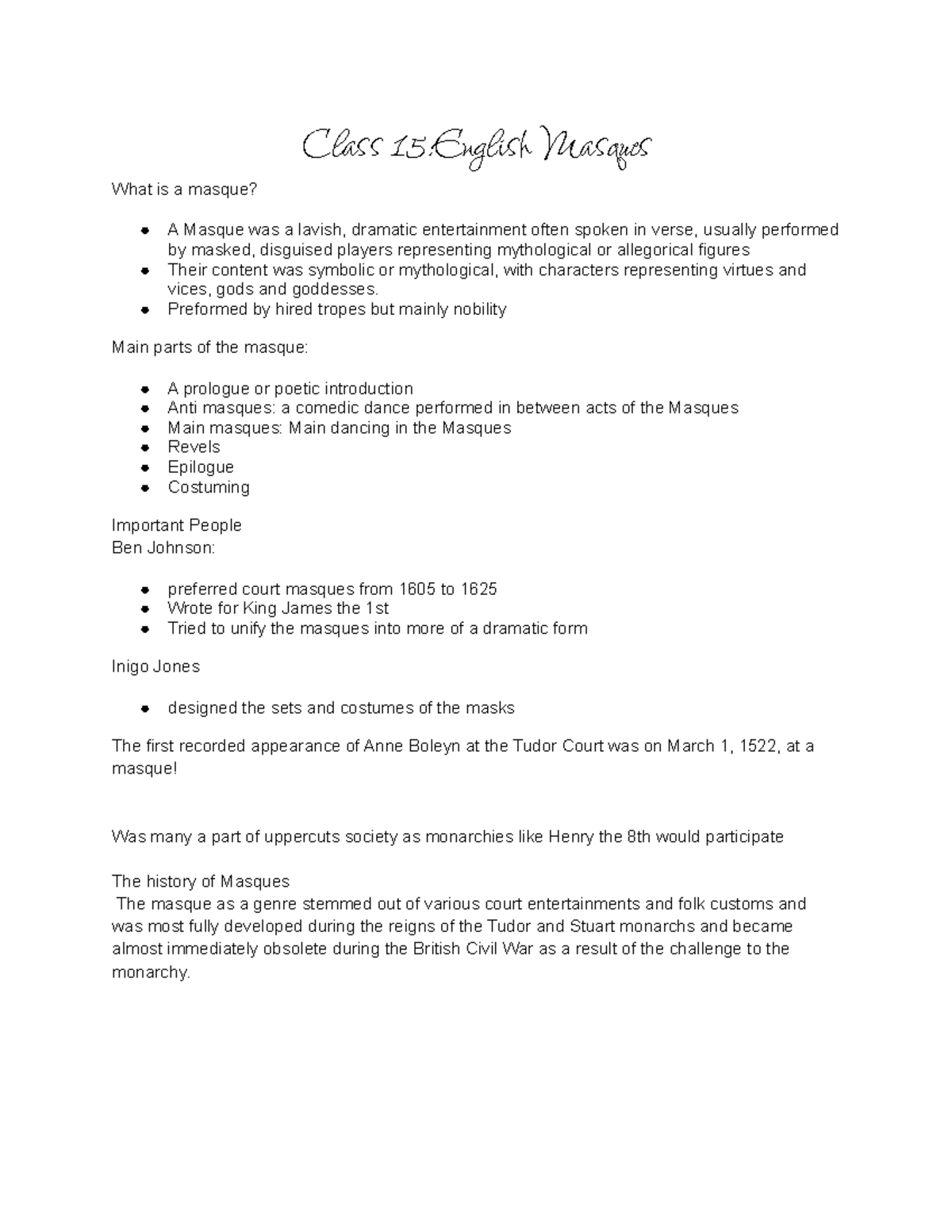 Class 15 English masques - Class 15:English Masques What is a masque? A ...