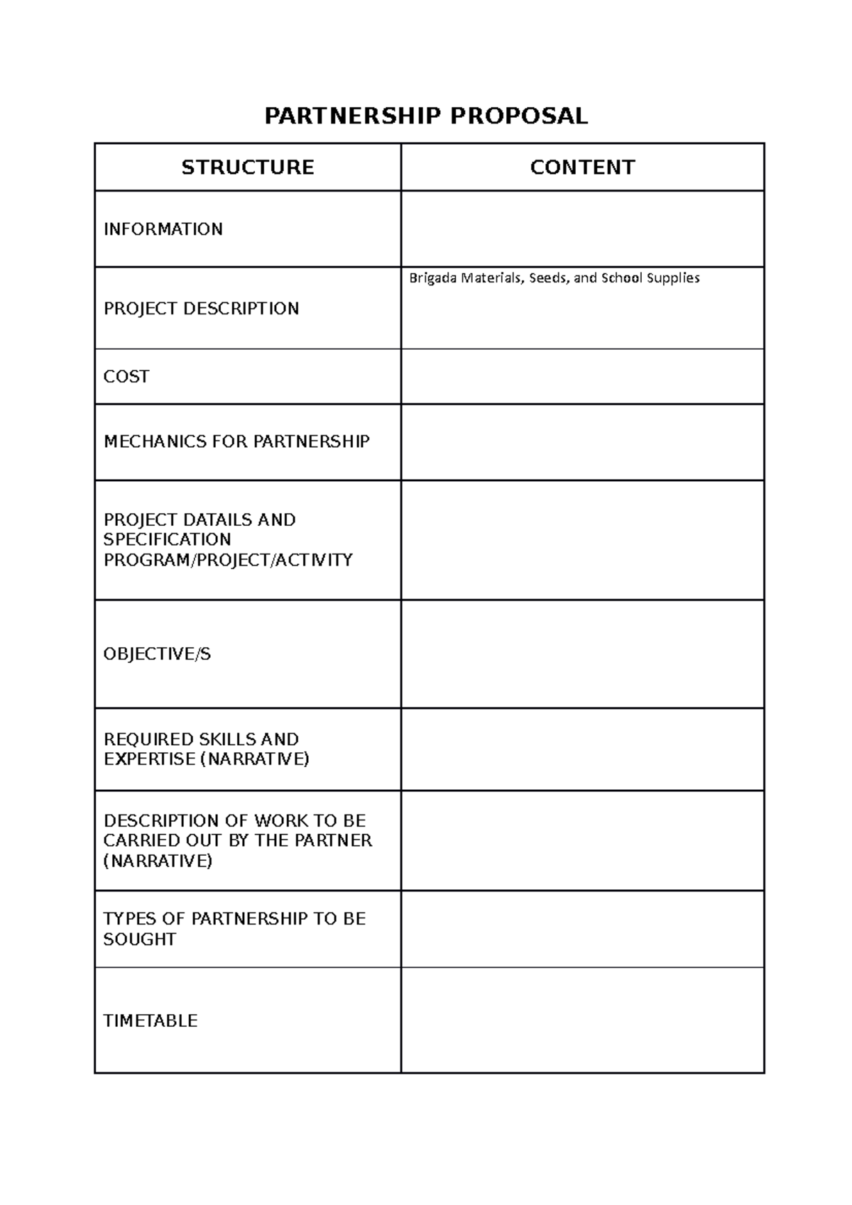Partnership- Proposal Template - PARTNERSHIP PROPOSAL STRUCTURE CONTENT ...