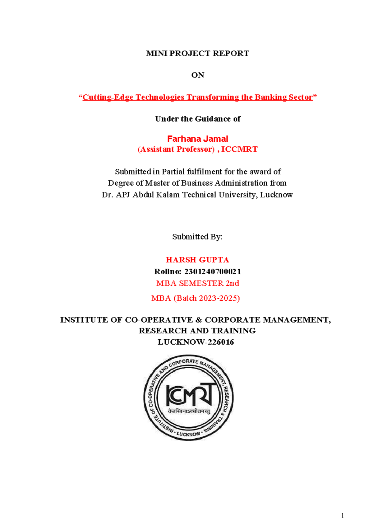 MBA Mini Project sem 2 banking industries - MINI PROJECT REPORT ON ...