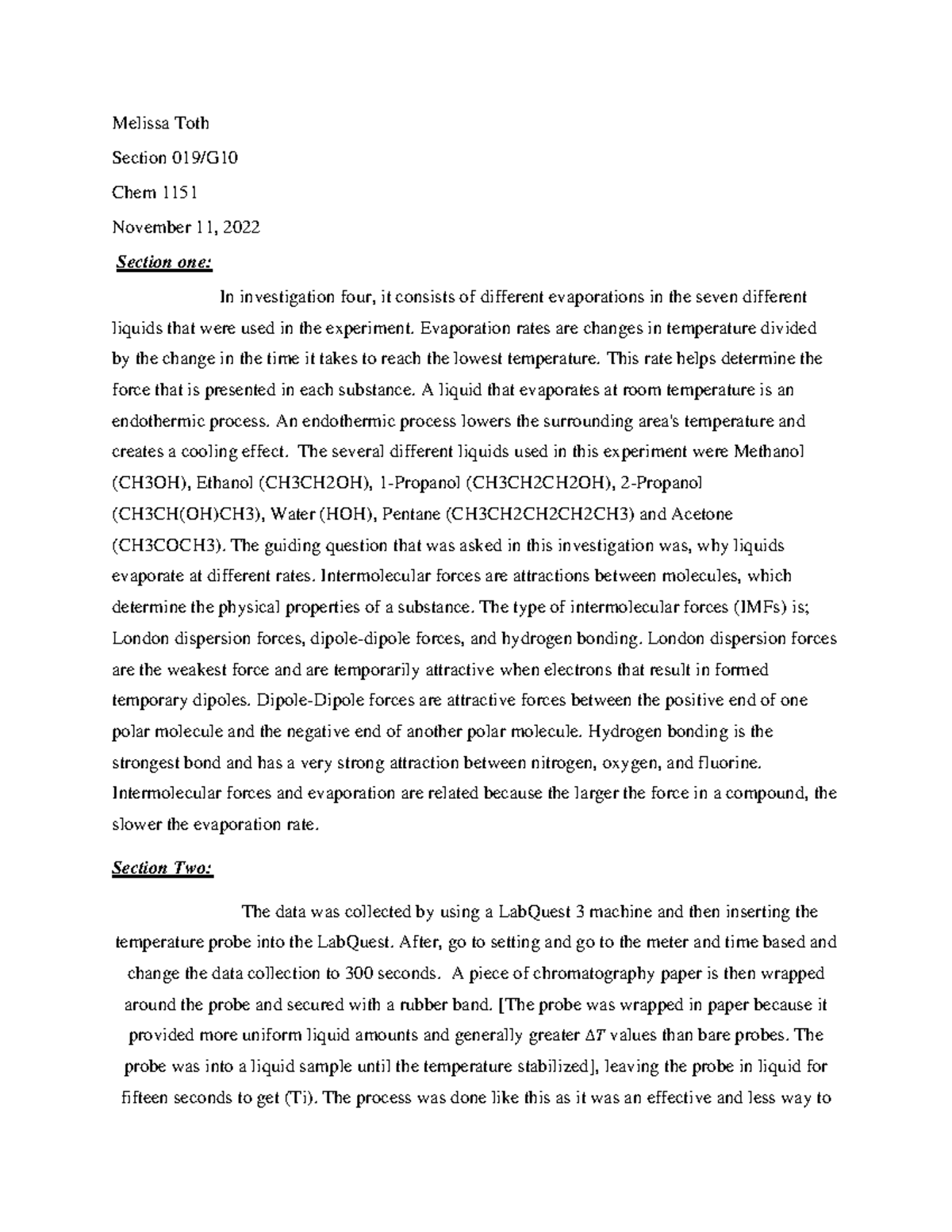 Lab report - MOD4 - Melissa Toth Section 019/G Chem 1151 November 11 ...