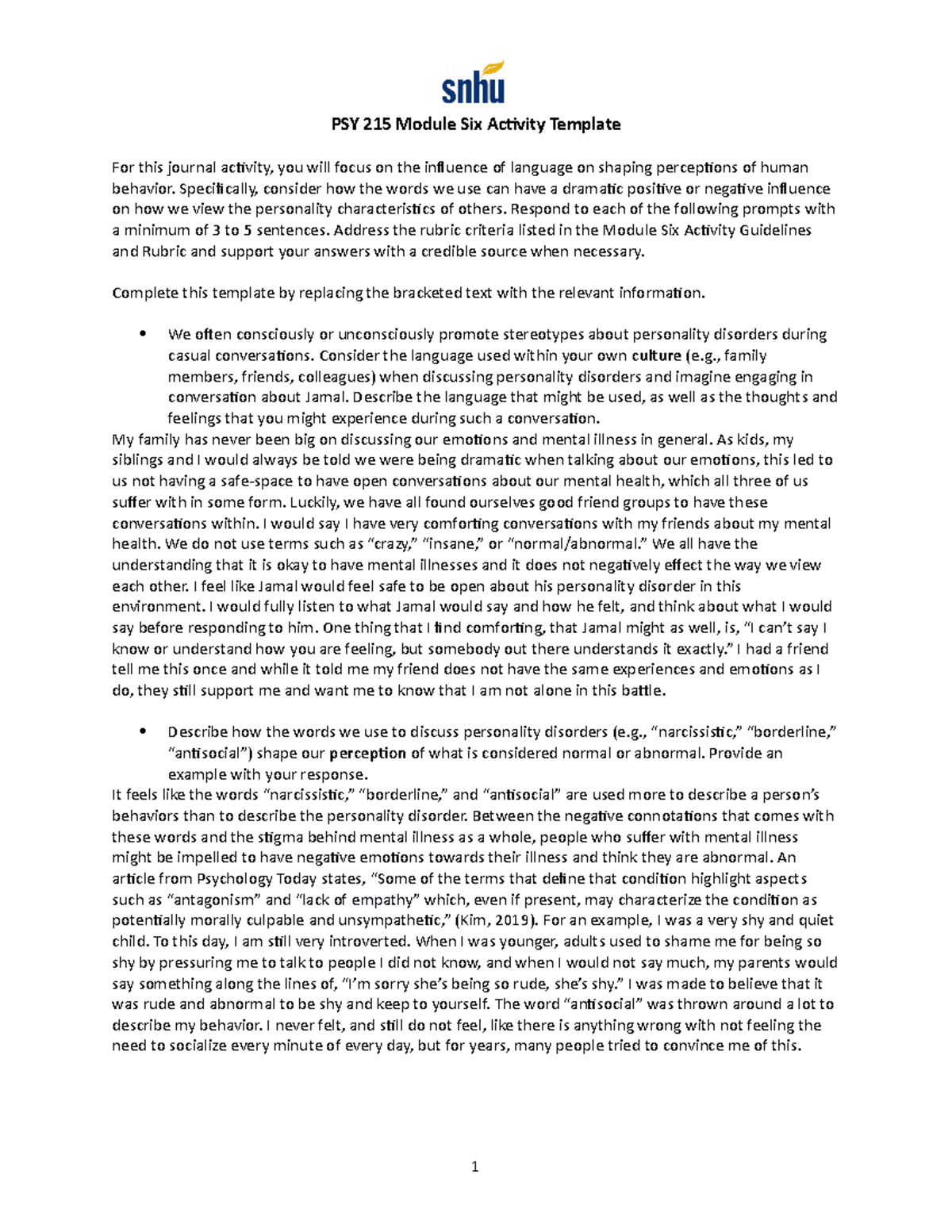 PSY 215 Module Six Activity Template - PSY 215 Module Six Activity ...