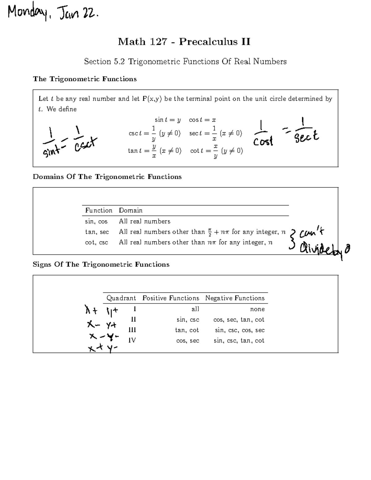Class Lecture Notes - Math 127 - Precalculus II Section 5 Trigonometric ...