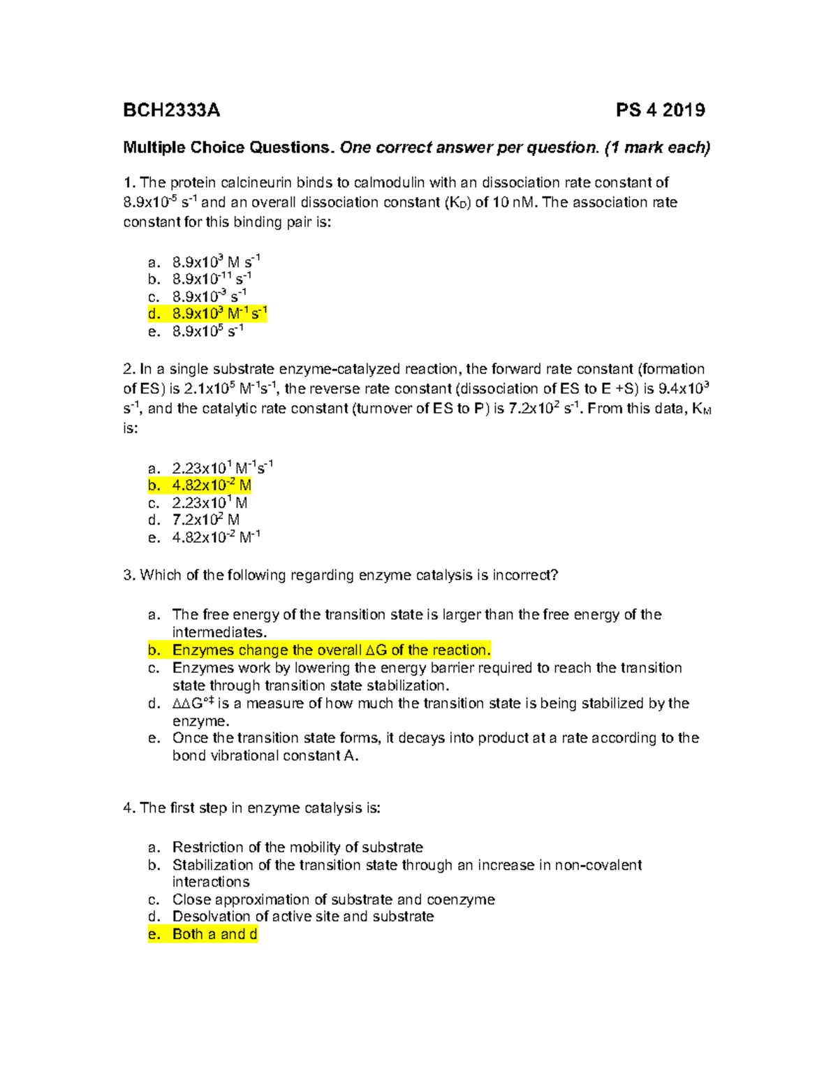 PS 4 Answer Key.pdf - BCH2333A PS 4 2019 Multiple Choice Questions. One correct answer per ...