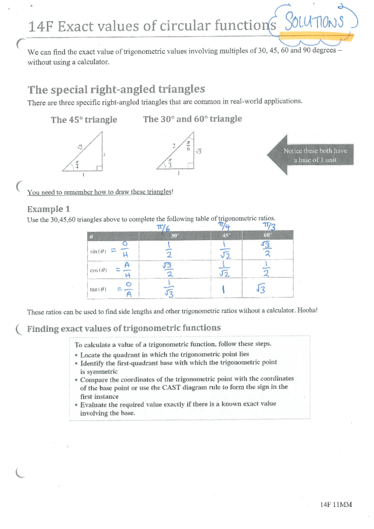 11MM 14F Exact values of circular functions Answers - Studocu