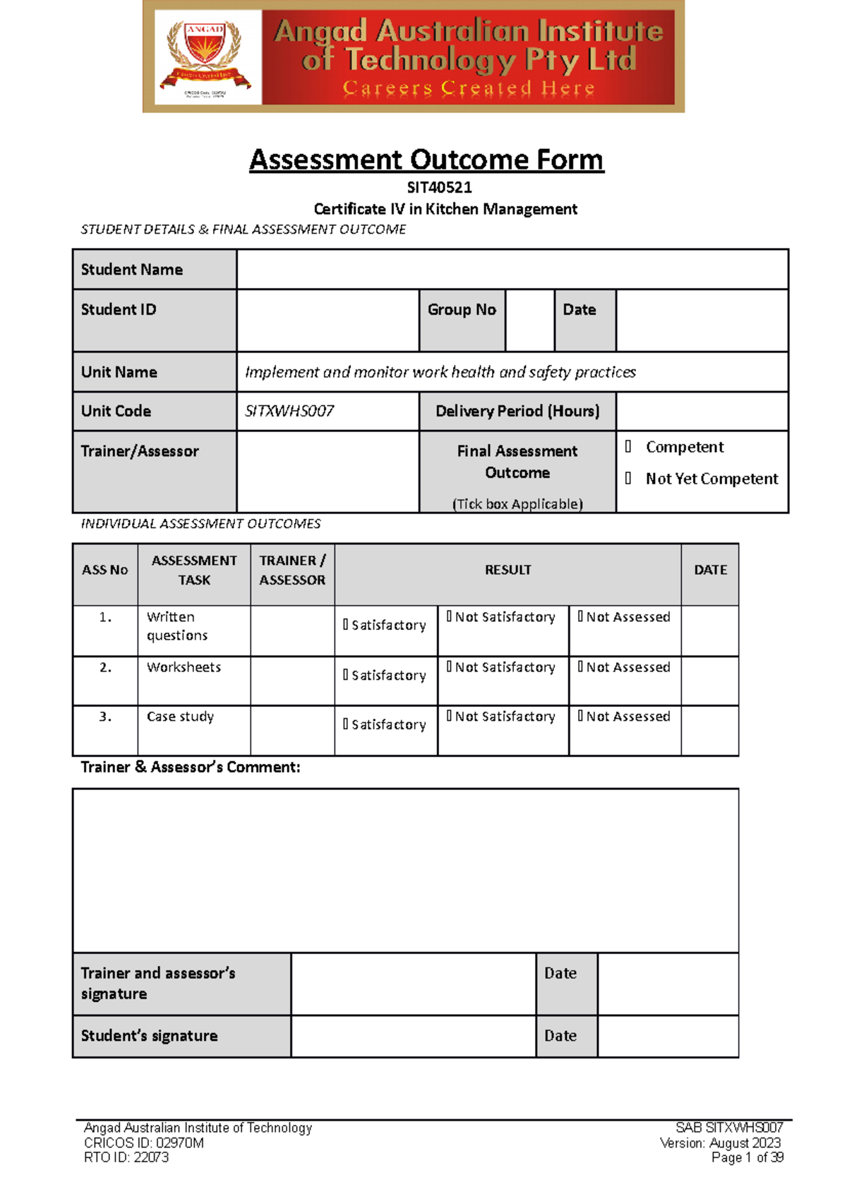 WIP SAB Sitxwhs 007 March 2023 - Assessment Outcome Form SIT ...