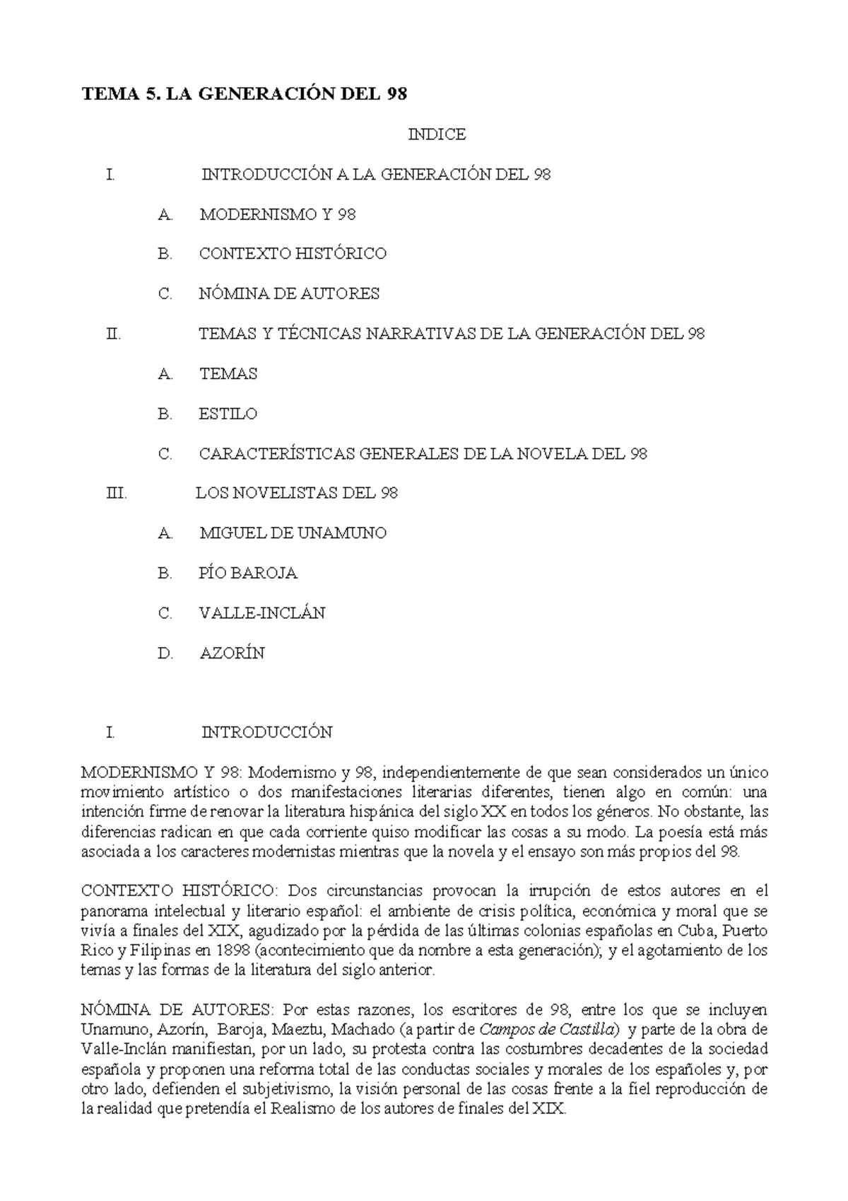 Tema 5 - Tema 5 Literatura Generacion del 98 - TEMA 5. LA GENERACIÓN ...