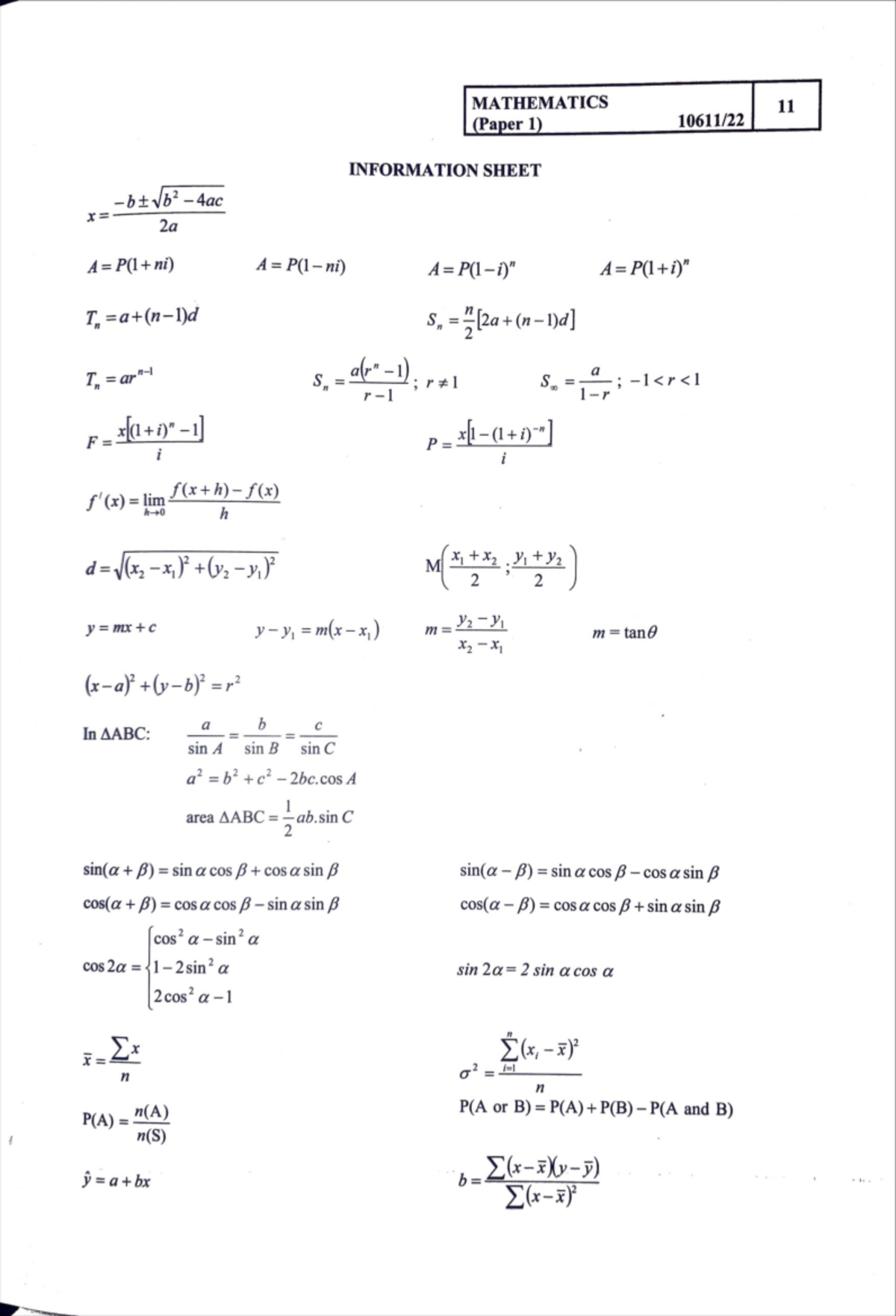 Formula sheet G12 - aabb - MATHEMATICS 11 (Paper 1) INFORMATION SHEET T ...