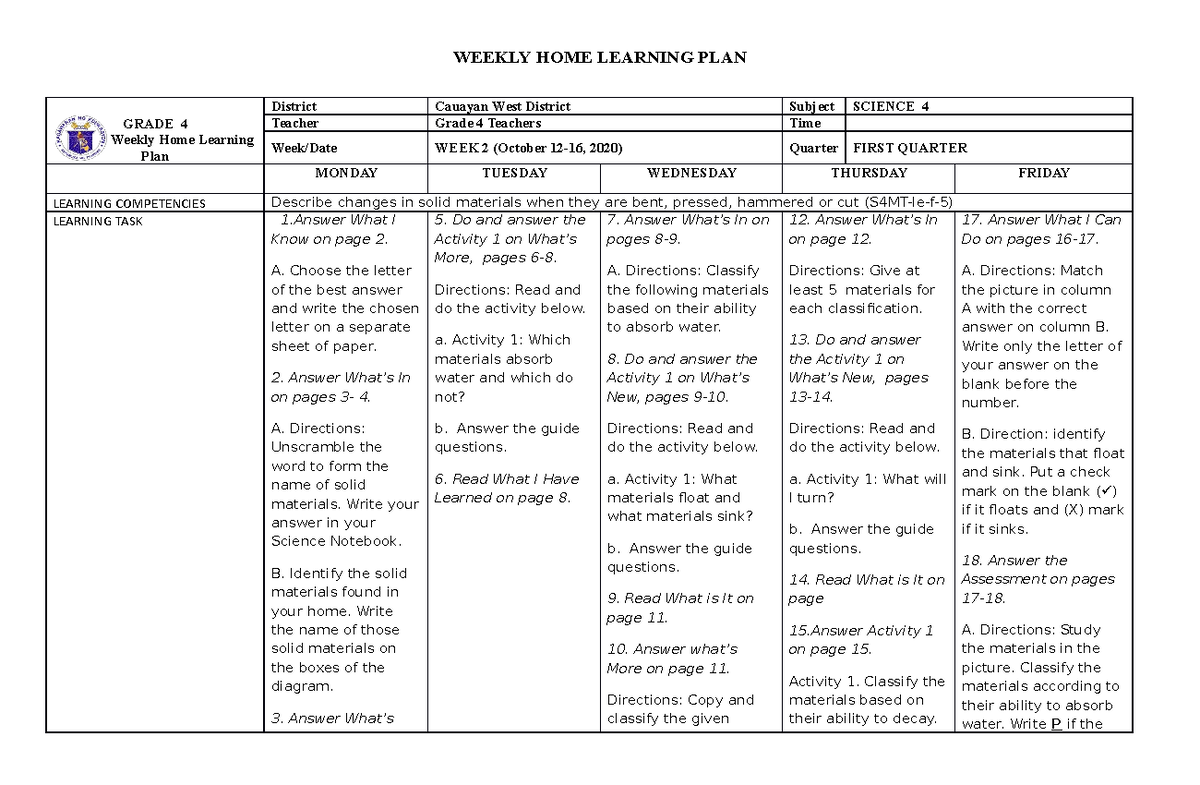 G4 QI Wk 2 Weekly Home Plan Science 1 - WEEKLY HOME LEARNING PLAN GRADE ...