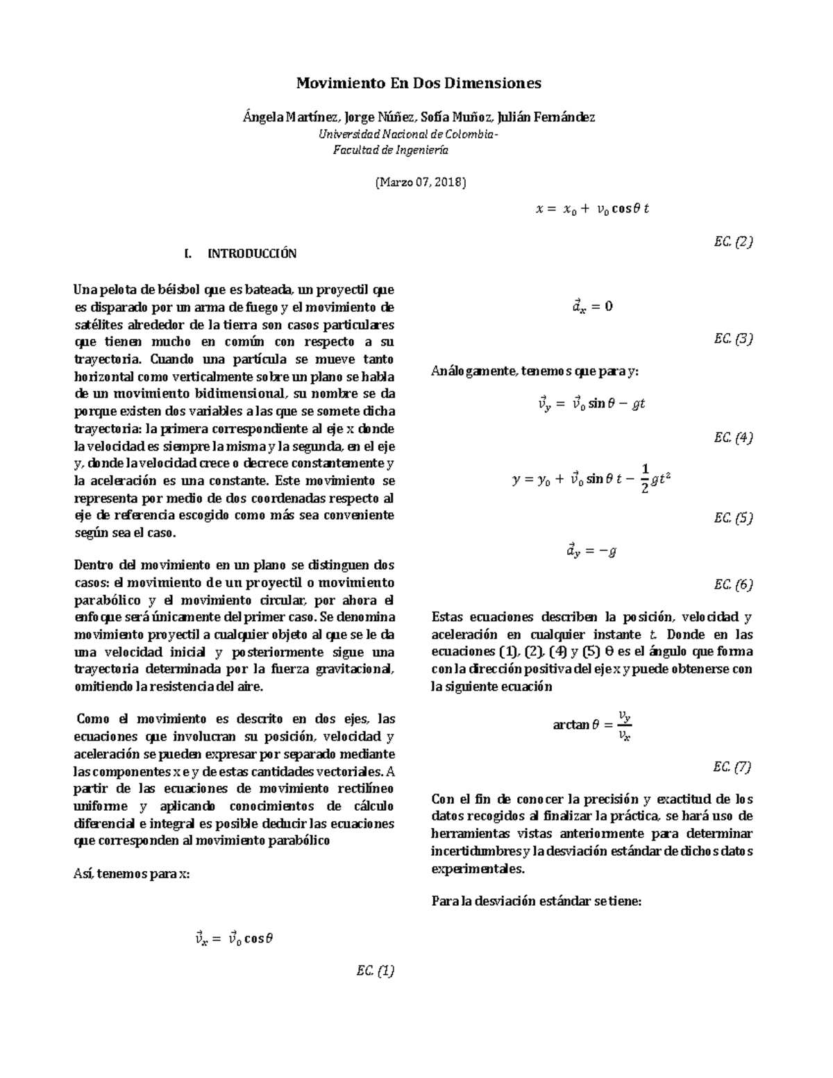Informe movimiento bidimensional - Warning: TT: undefined function: 32 Warning: TT: undefined ...