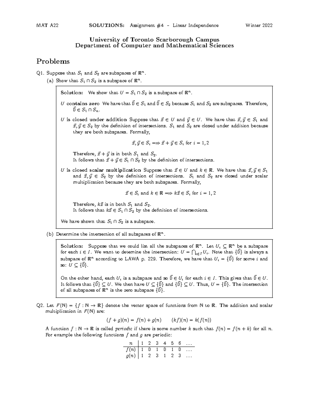 Mat a22 assignment 4 Solutions - MAT A22 SOLUTIONS: Assignment #4 ...