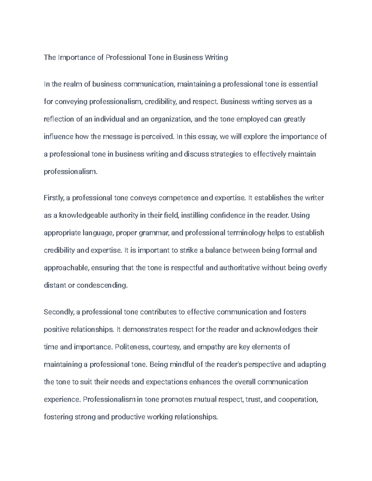 Bus write #10 - essay - The Importance of Professional Tone in Business ...