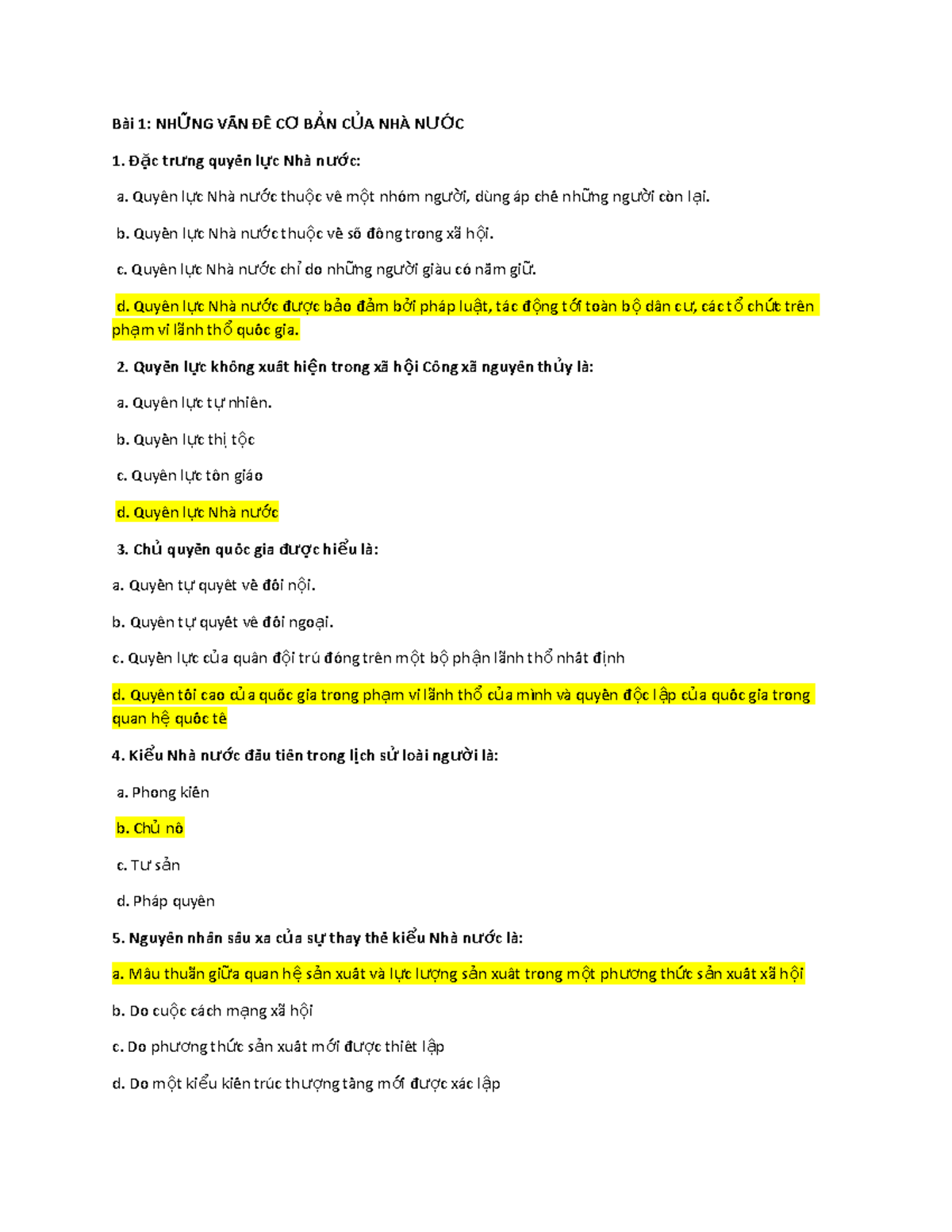 PLĐC - Học tập - Bai 1: NH ƯNG VẤN ĐỀ C Ơ B AN C UA NHA N ƯƠC Đ ặc tr ưng quyềền l ực Nha n ước ...